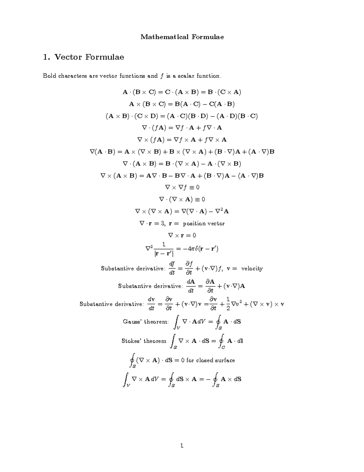 Lecture notes - Mathematical formulae (vector, delta, curvilinear ...