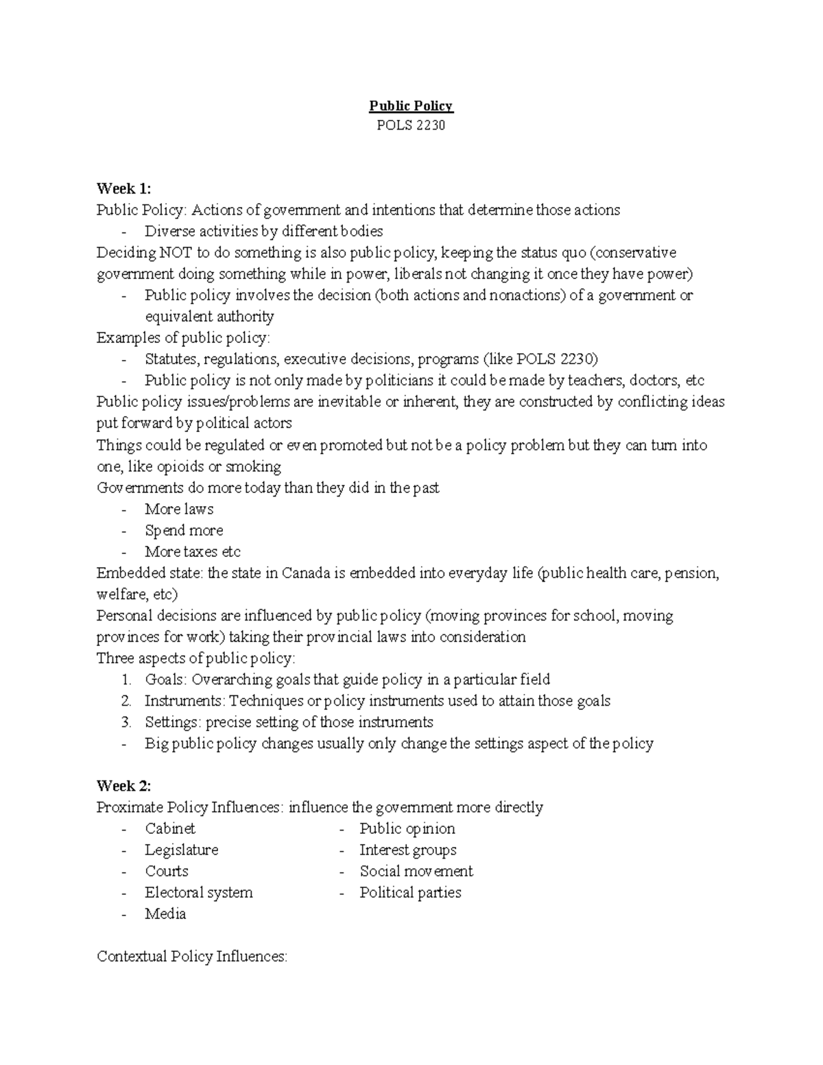 POLS 2230 Lecture notes - Public Policy POLS 2230 Week 1: Public Policy ...