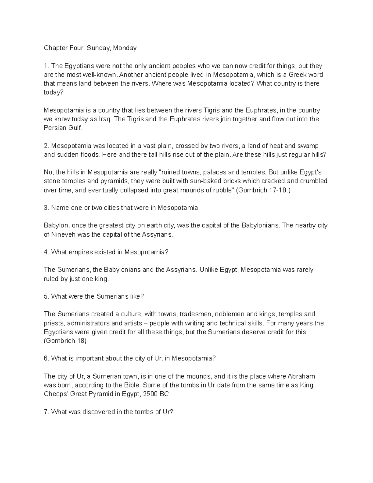World history chapter 3 & 4 study guide - Chapter Four: Sunday, Monday ...