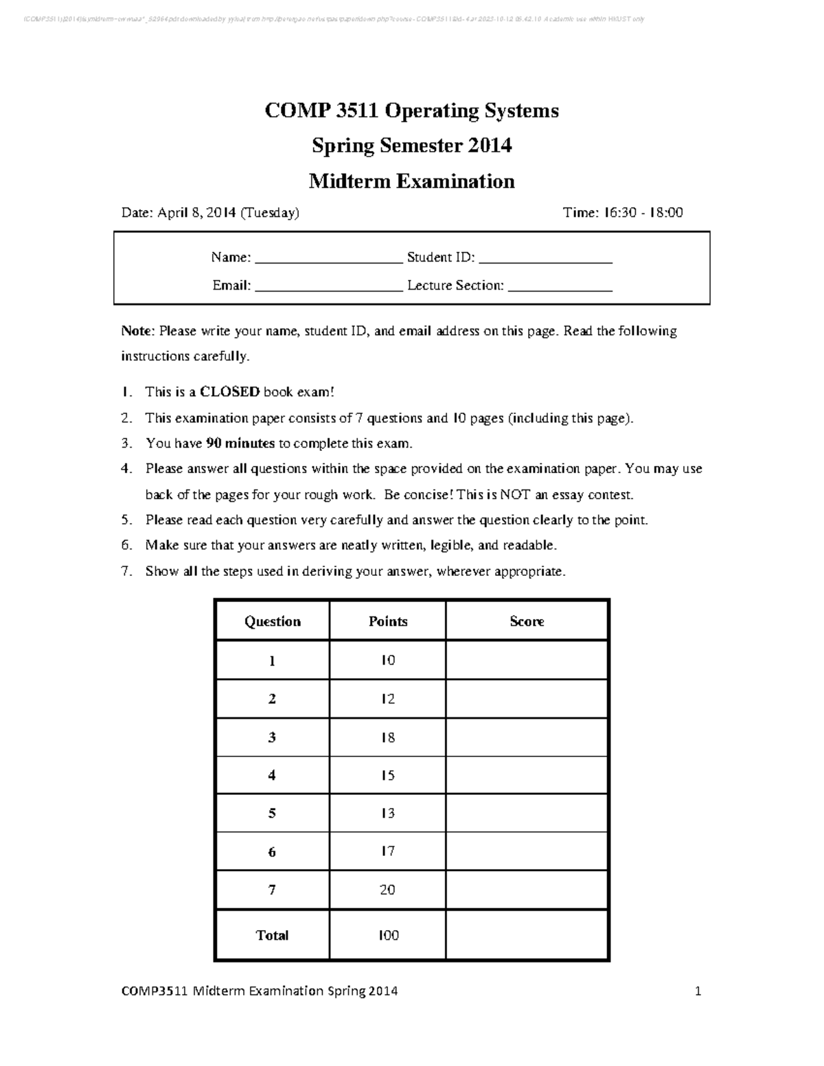 (COMP3511)[2014 ](s)midterm cwwuaa^ 52964 - COMP 3511 Operating Systems Spring Semester 2014 ...