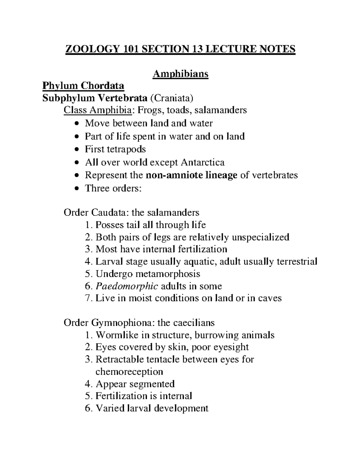 Zoology 101 Section 13 Lecture Notes Amphibia - ZOOLOGY 101 SECTION 13 ...