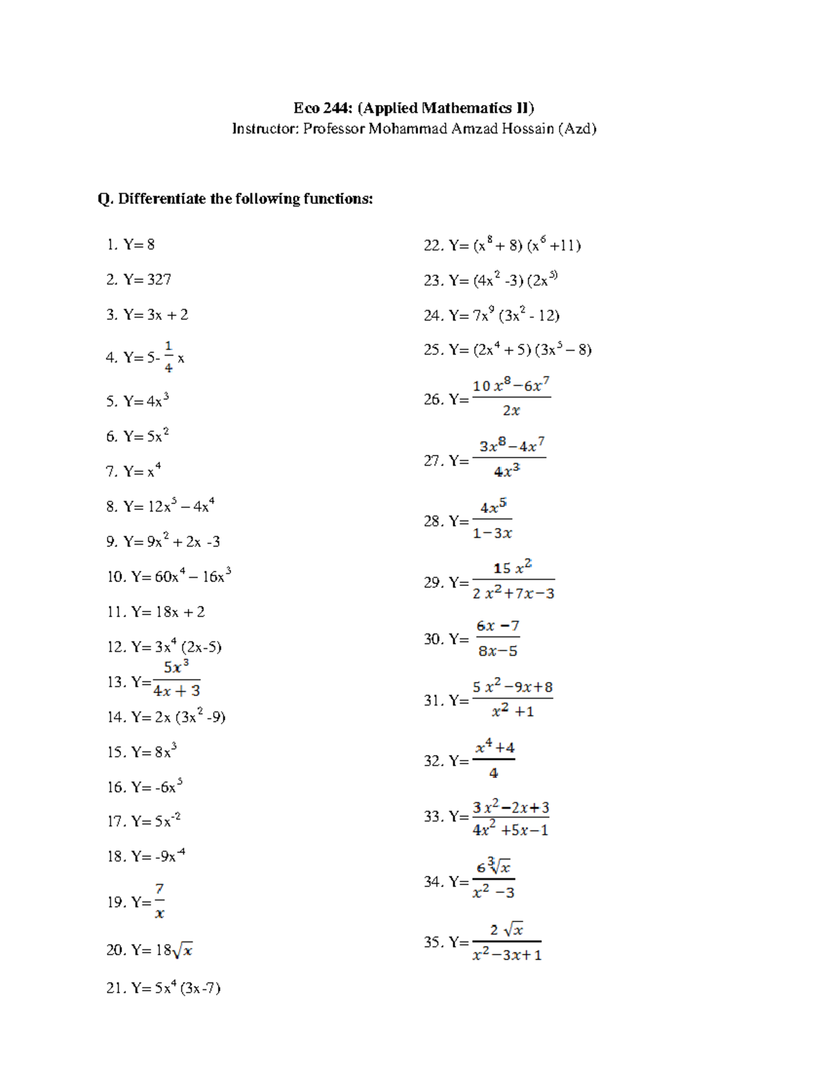 Applied math BUS 135 Cource - Eco 244: (Applied Mathematics II ...