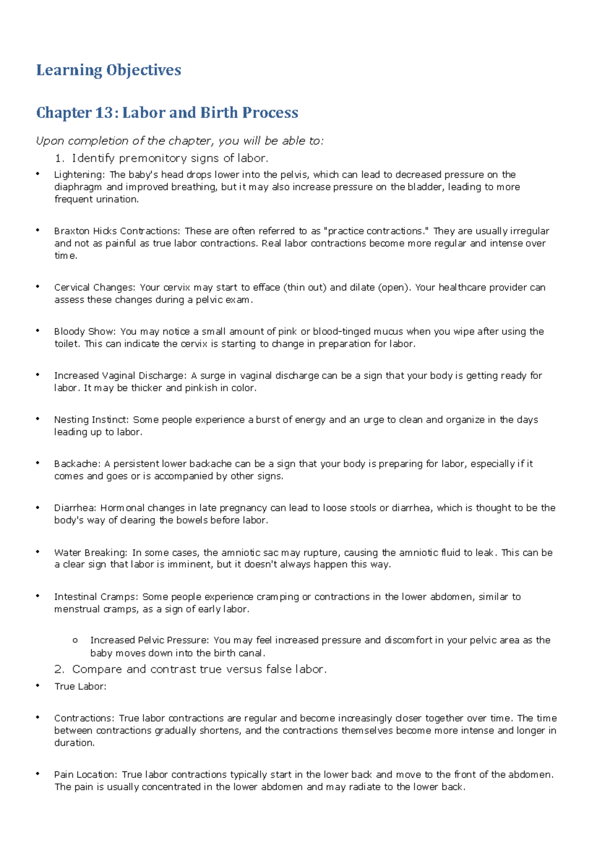 Ricci Ess 5e LO Chapter 13 - Learning Objectives Chapter 13: Labor and Birth Process Upon ...