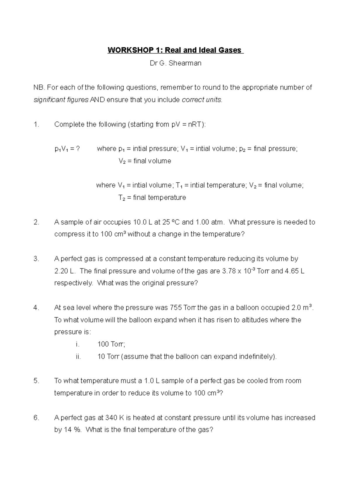 PY4040 Phys Chem WS1 real and ideal gases-1 - WORKSHOP 1: Real and ...