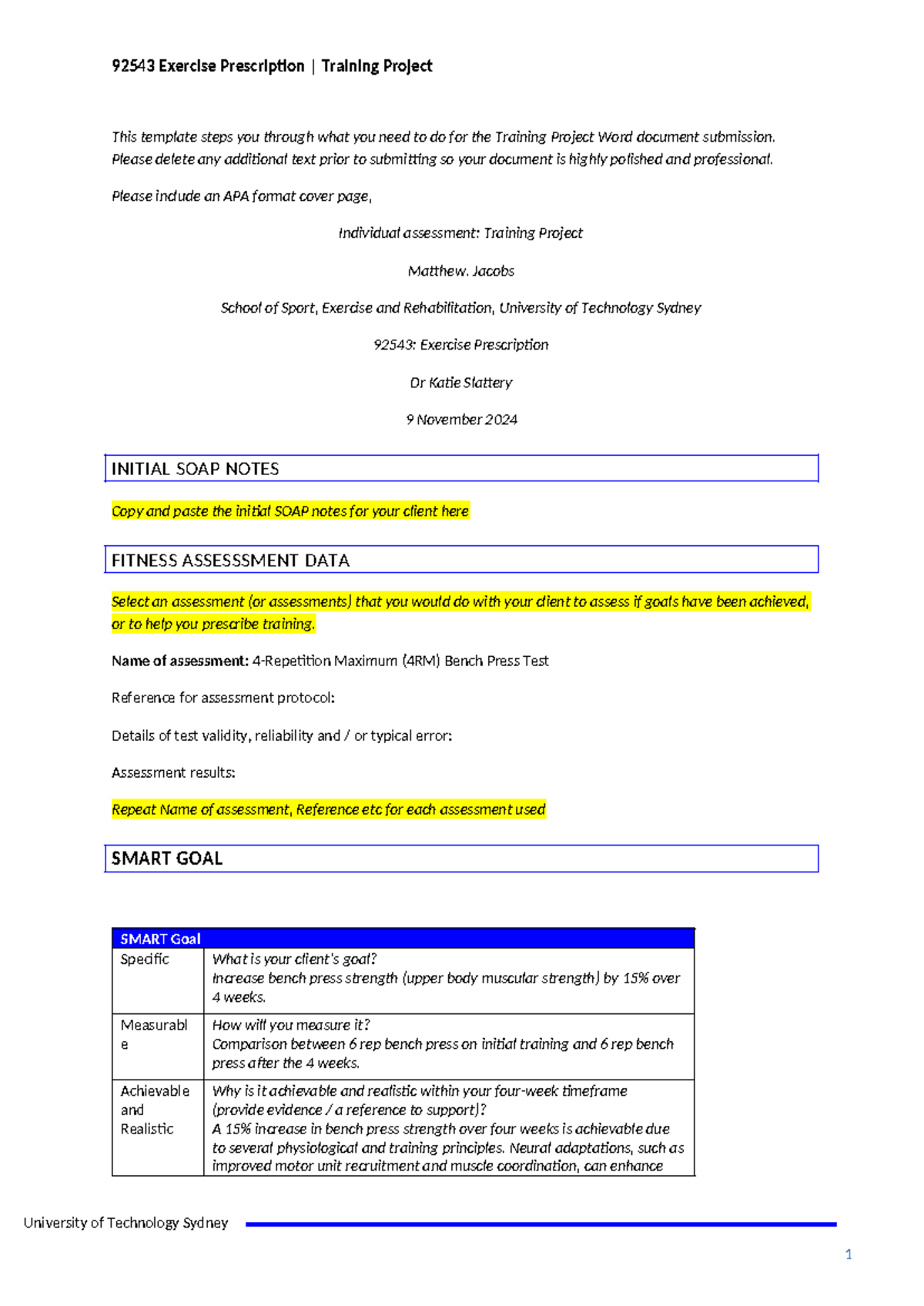 Training+Project 2024 - 1 92543 Exercise Prescription | Training ...