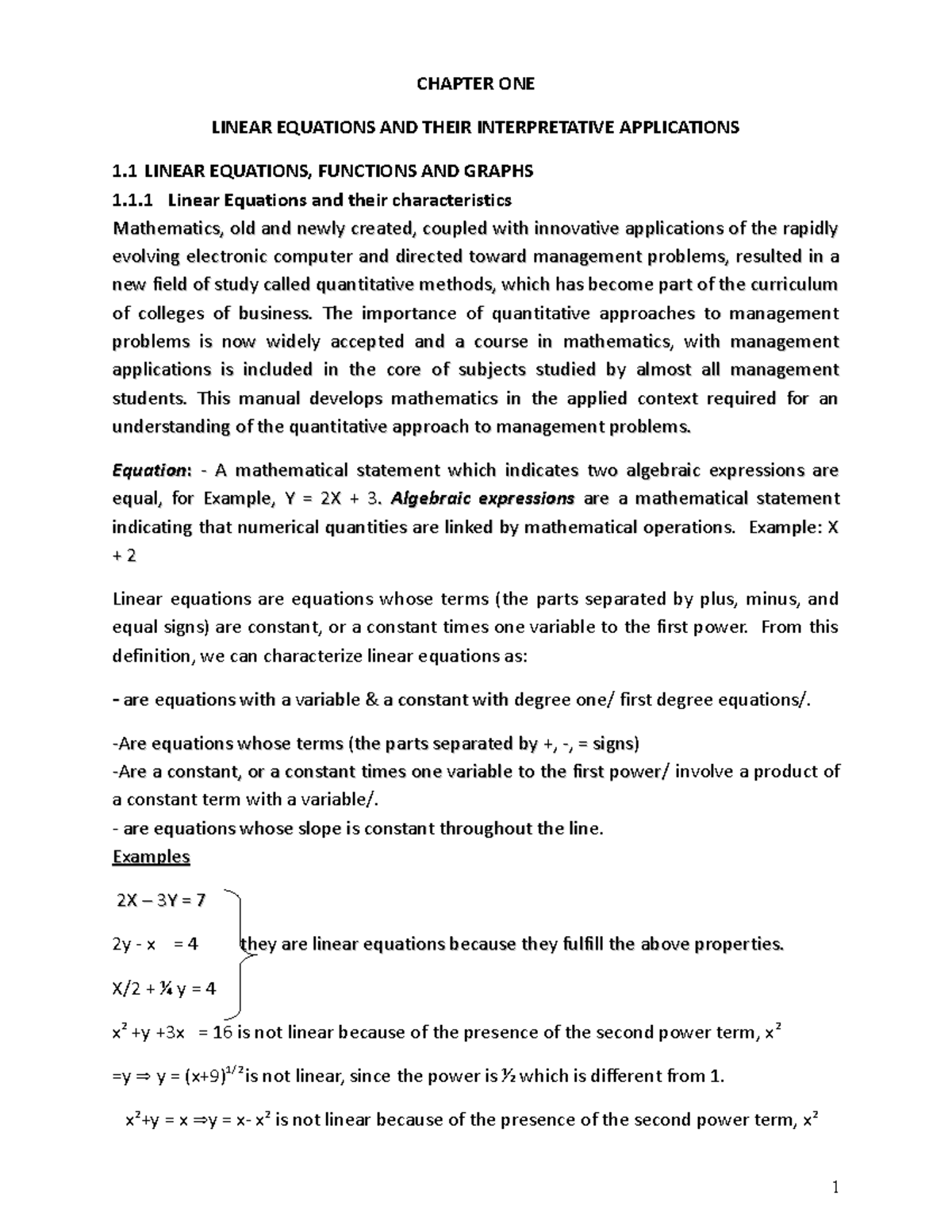 Math-ch-1 - CHAPTER ONE LINEAR EQUATIONS AND THEIR INTERPRETATIVE ...
