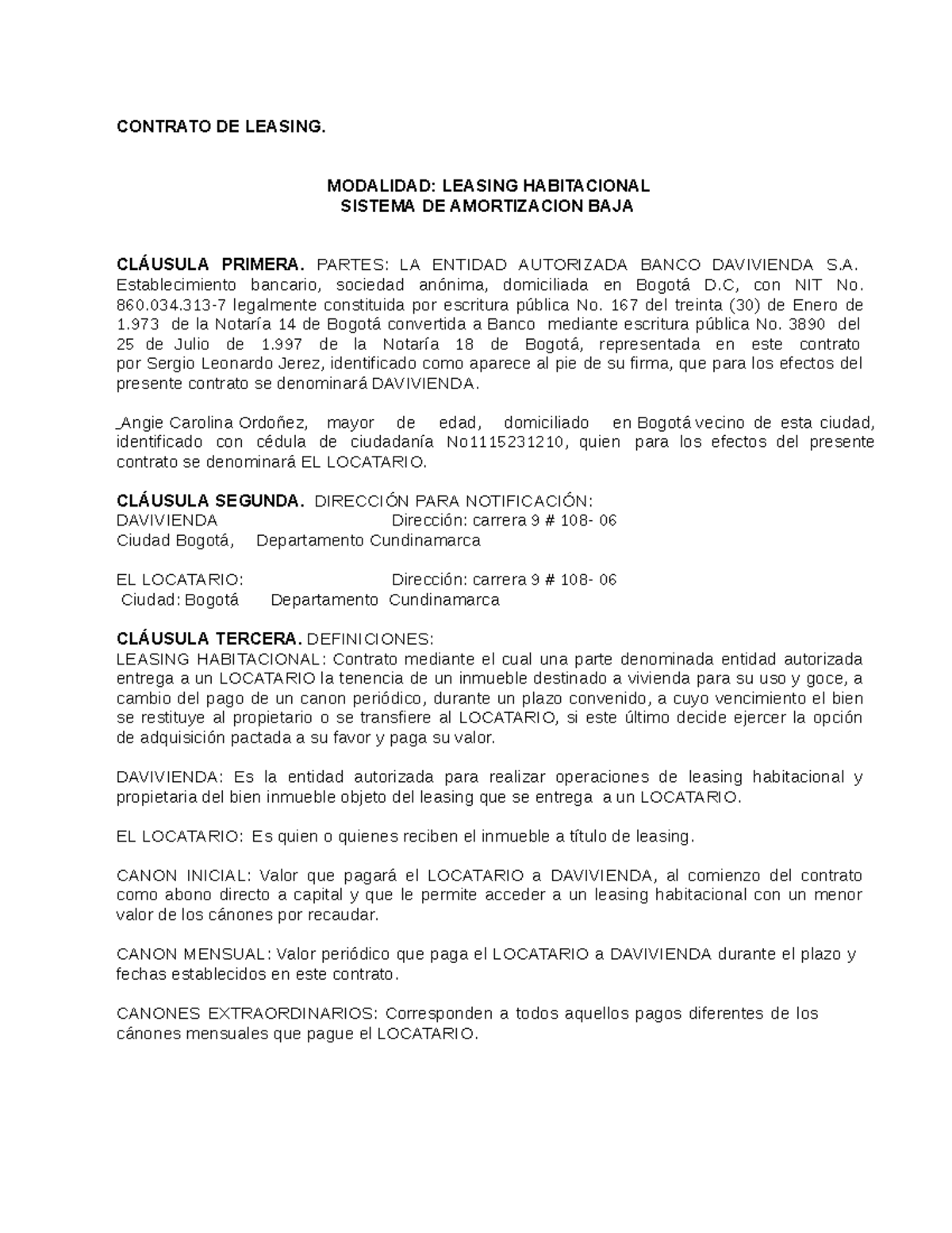 Contrato DE Leasing Habitacional Sergio Jerez Y Davivienda - CONTRATO ...