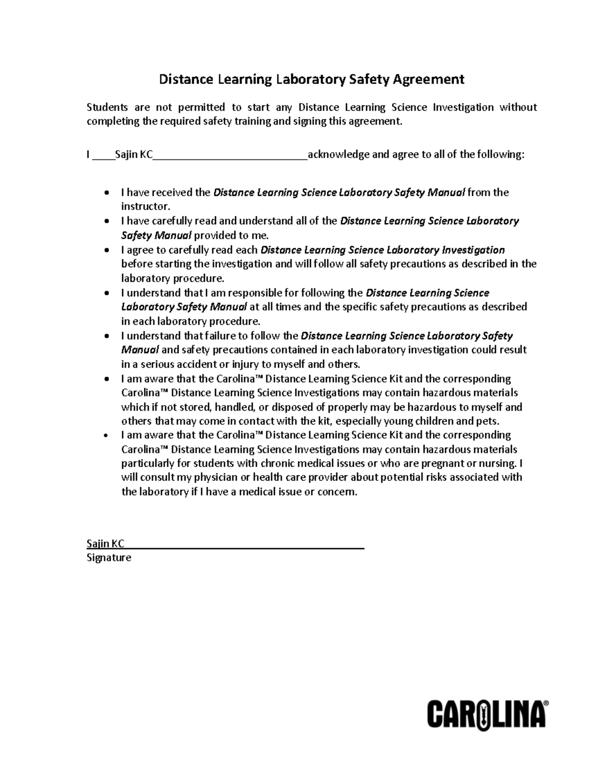 Lab Safety Contract - Distance Learning Laboratory Safety Agreement ...