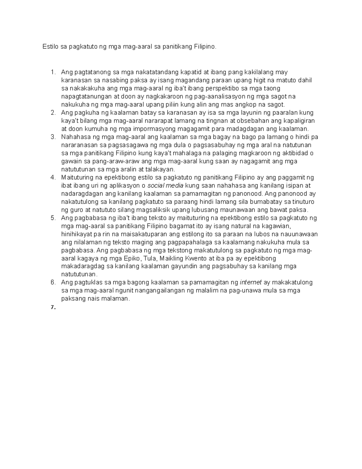 Estilo sa pagkatuto - THESIS - Estilo sa pagkatuto ng mga mag-aaral sa panitikang Filipino. Ang ...