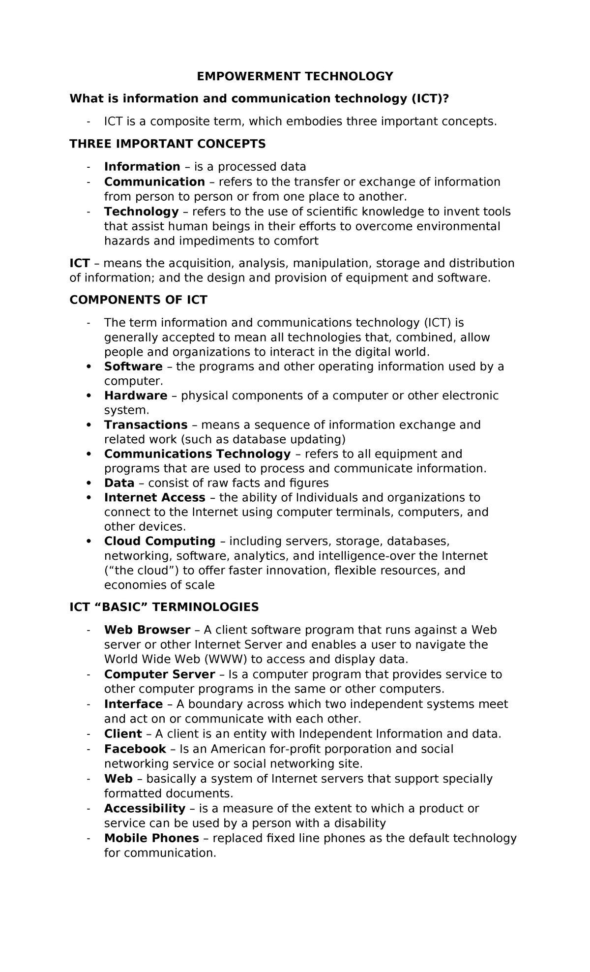 EMP TECH Reviewer - EMPOWERMENT TECHNOLOGY What is information and communication technology (ICT ...
