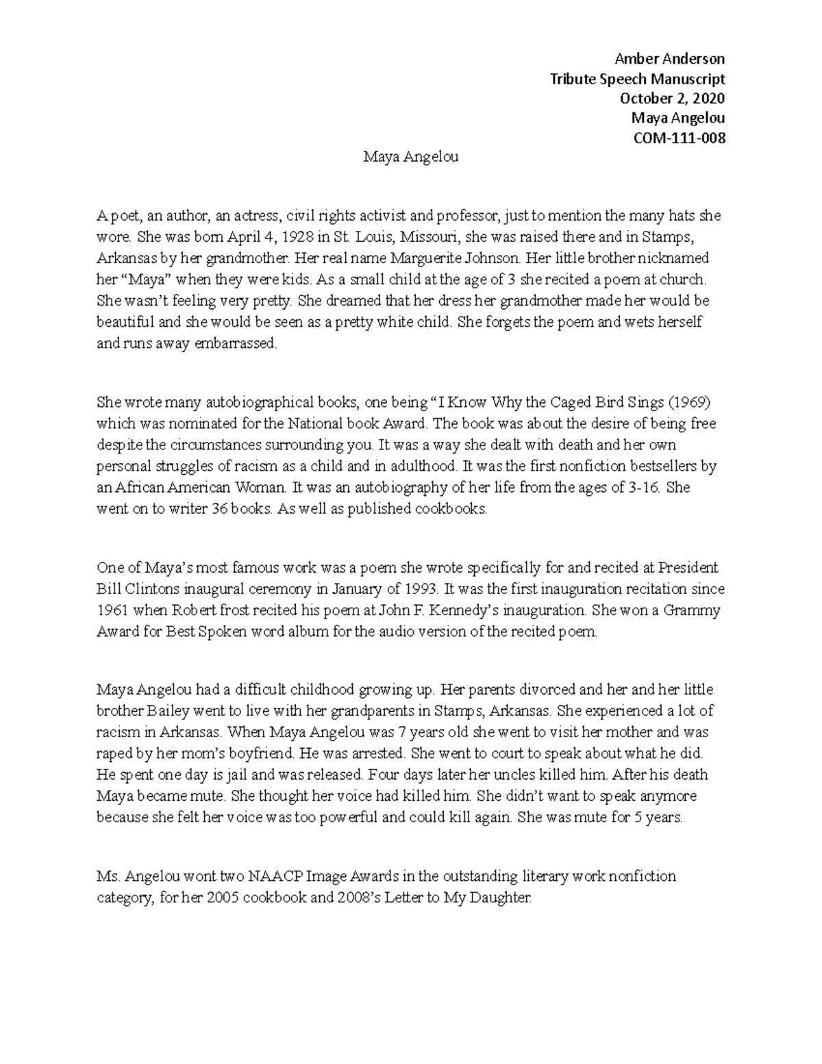 Maya Angelou Final Draft - Amber Anderson Tribute Speech Manuscript ...