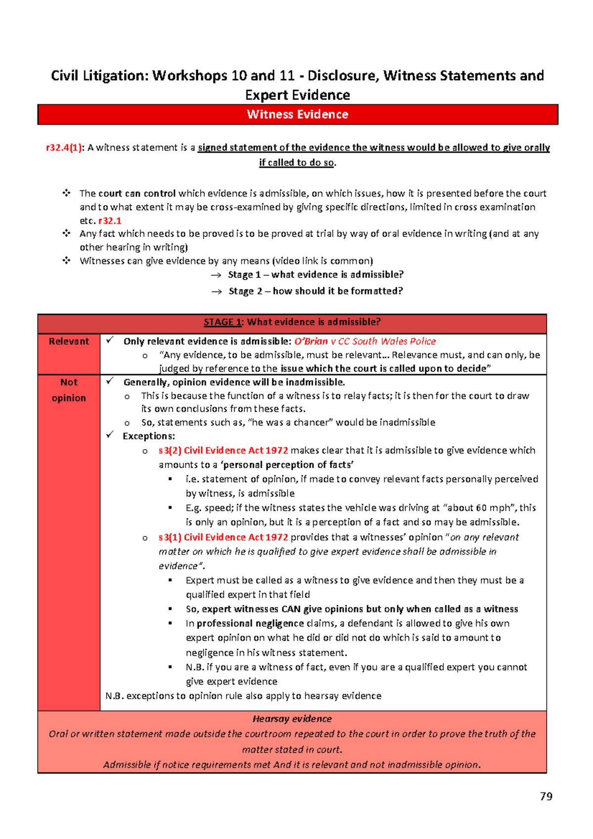 Workshops 10 and 11 Disclosure, Expert Evidence and Witness Statements ...
