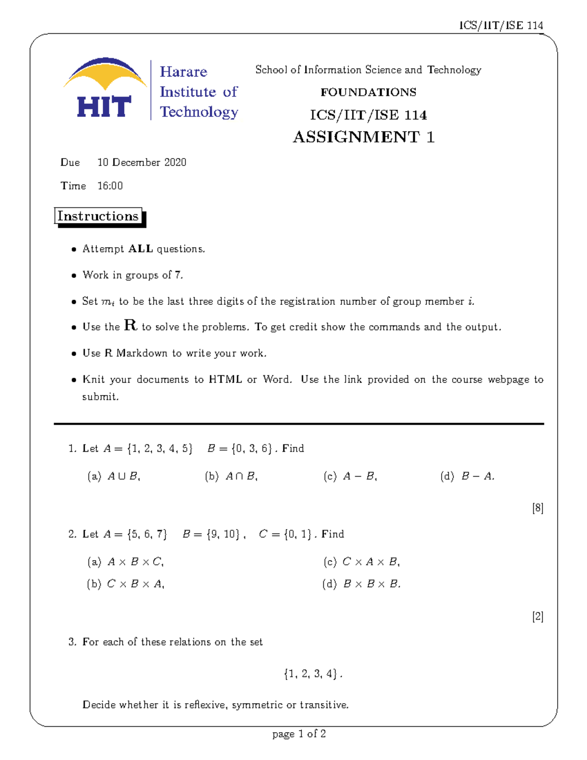 2020 assignment 1 online - ' & $ % ICS/IIT/ISE 114 School of ...