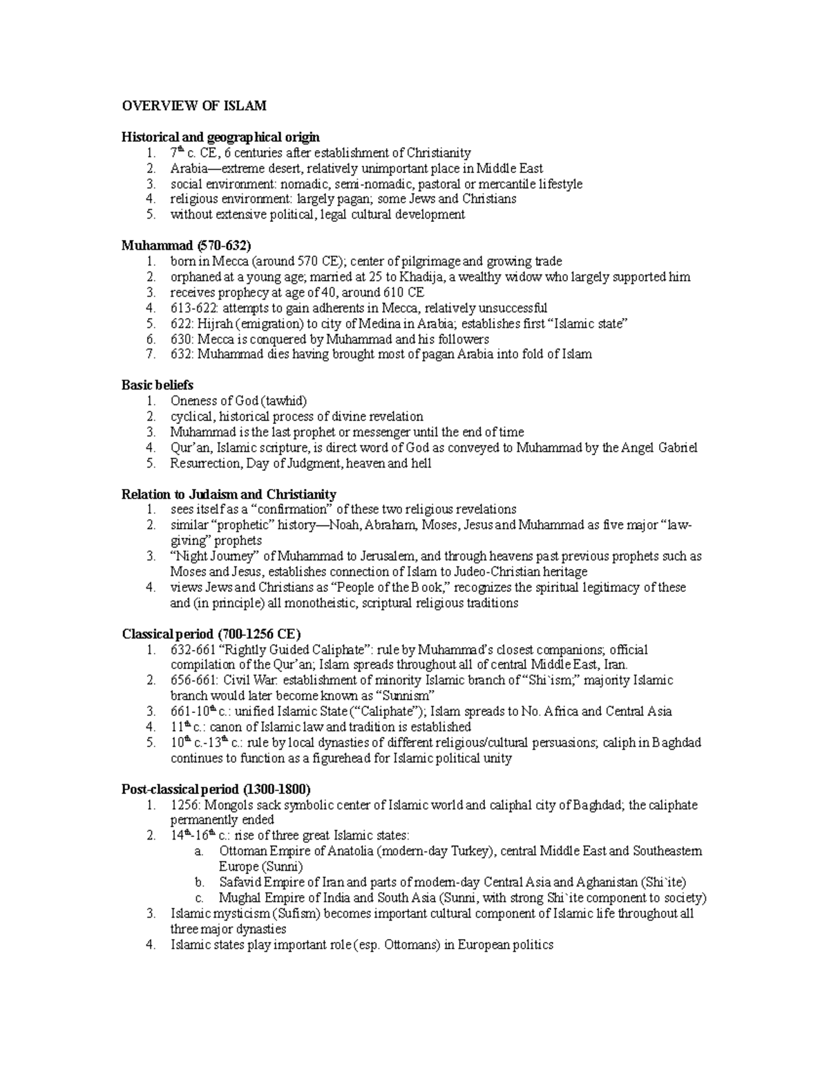 Overview OF Islam - OVERVIEW OF ISLAM Historical and geographical ...