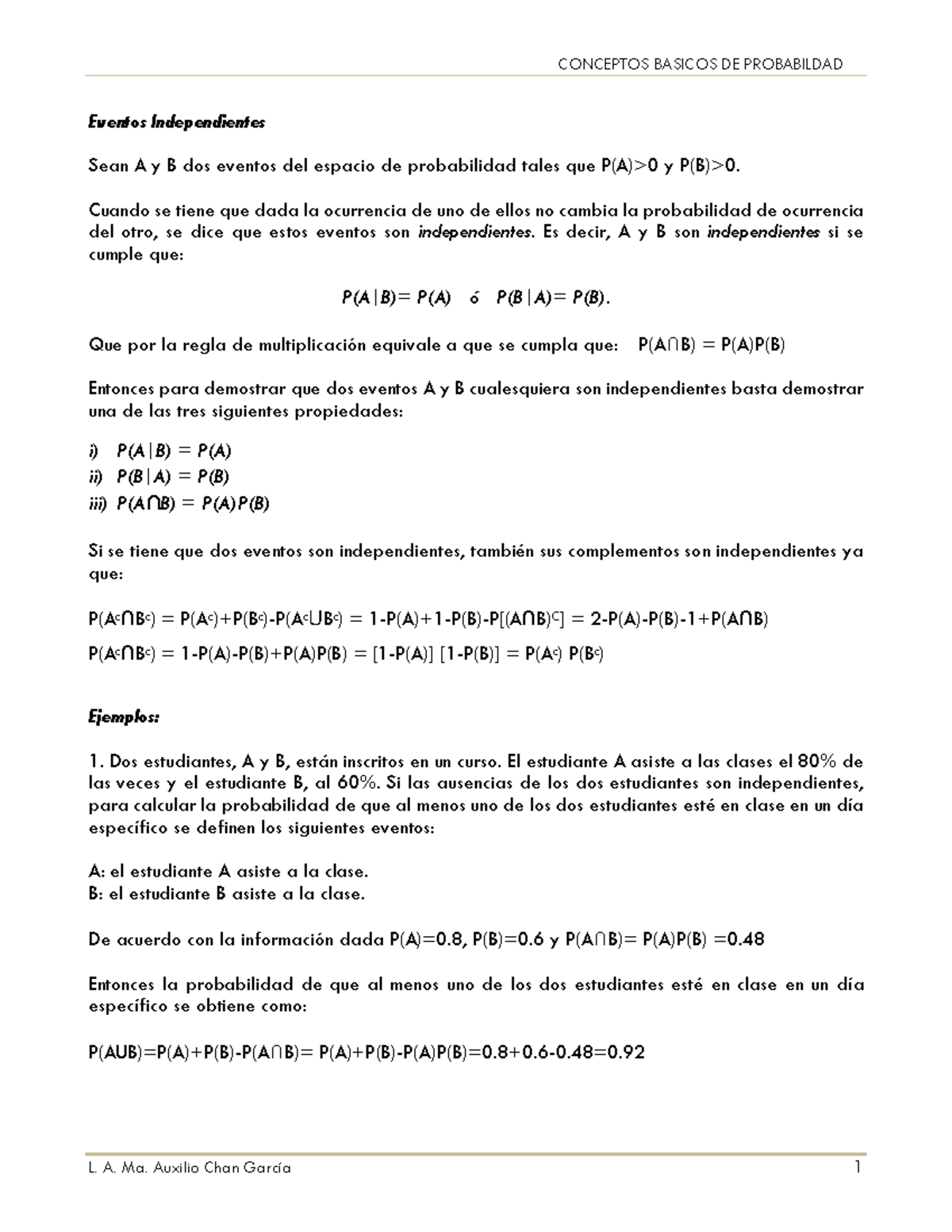 Unidad I clase 6 - probabilidad - CONCEPTOS BASICOS DE PROBABILDAD L. A. Ma. Auxilio Chan GarcÌa ...