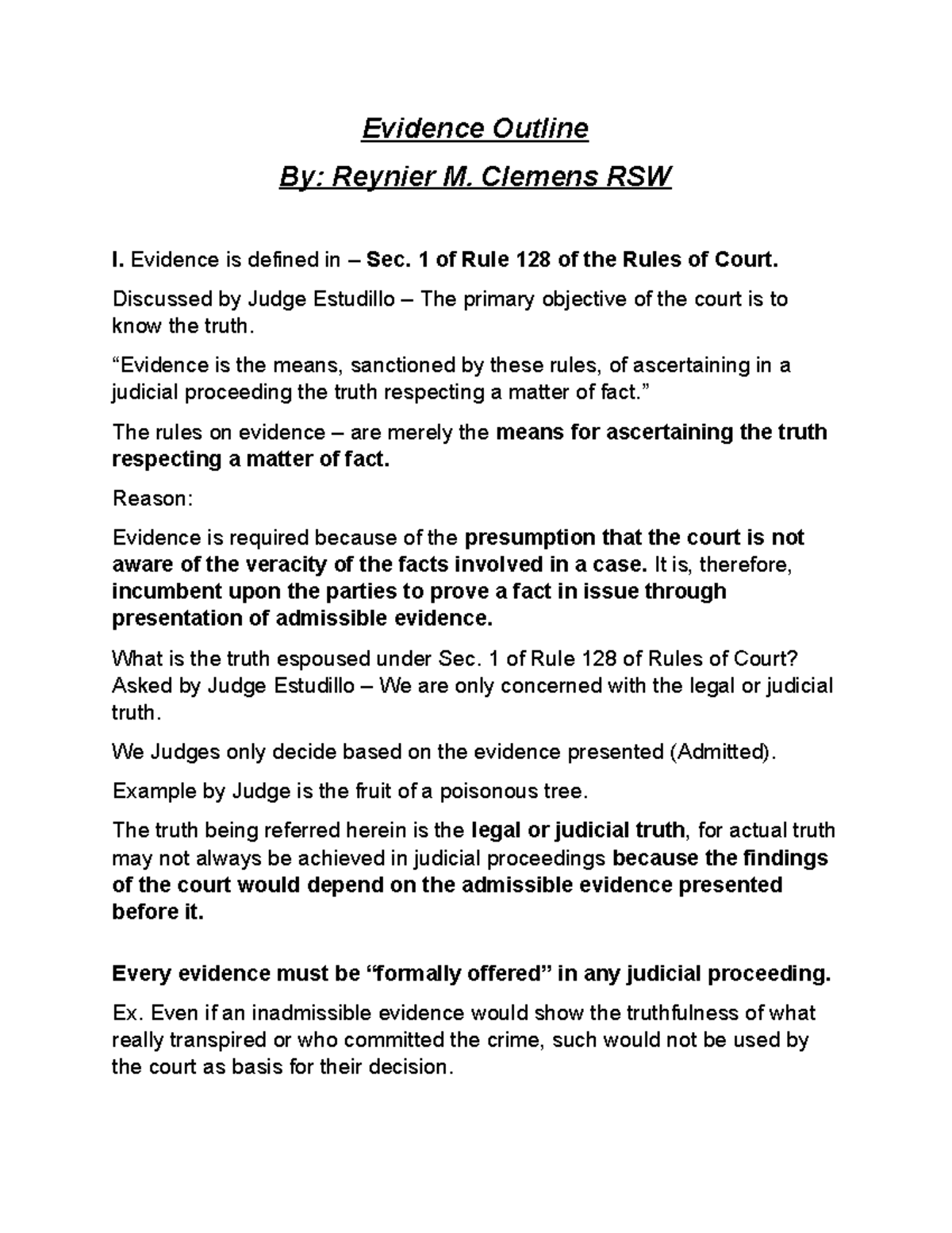 Evidence Outline I - Evidence Outline By: Reynier M. Clemens RSW I ...