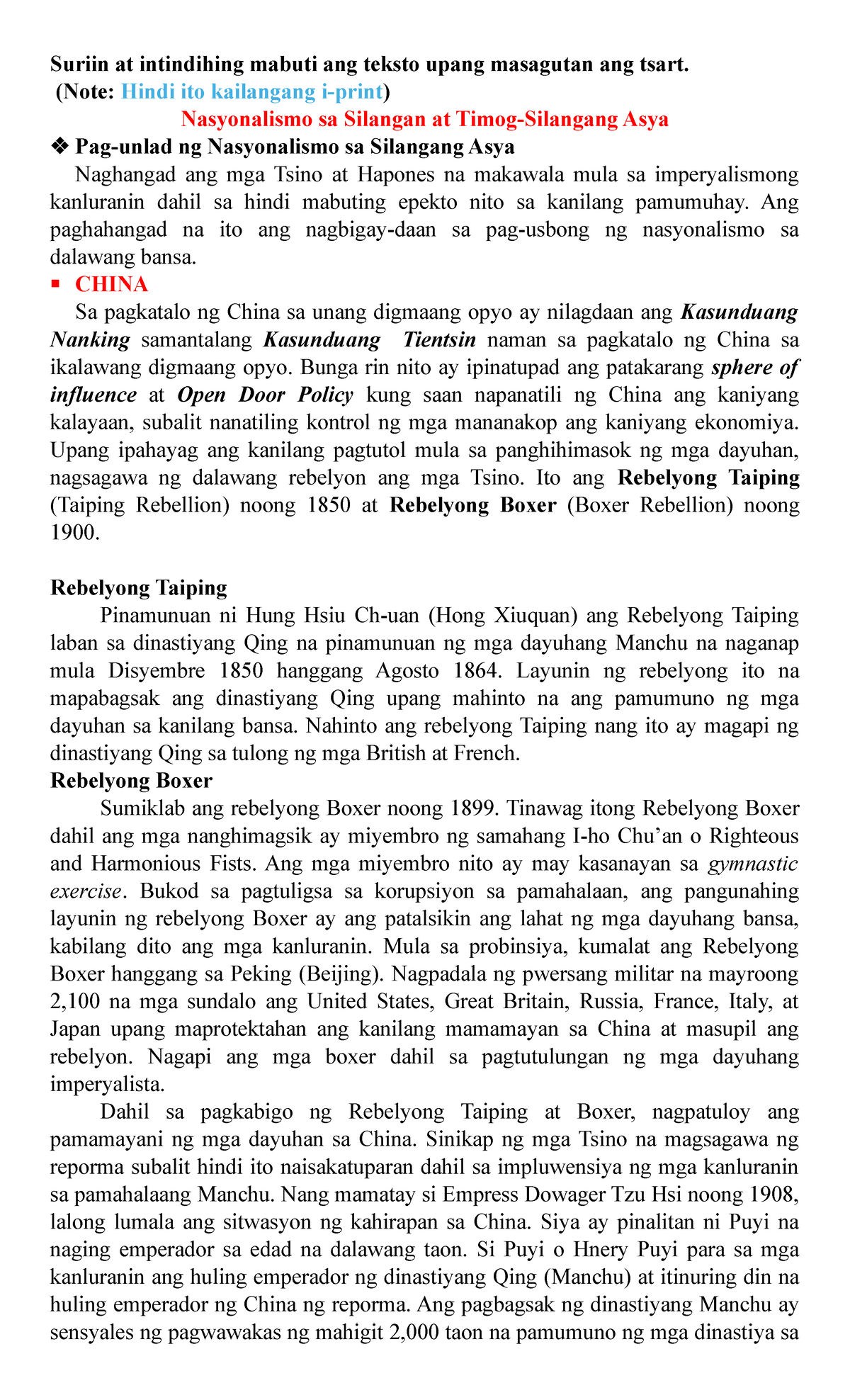 Activity Nasyonalismo - Suriin at intindihing mabuti ang teksto upang ...