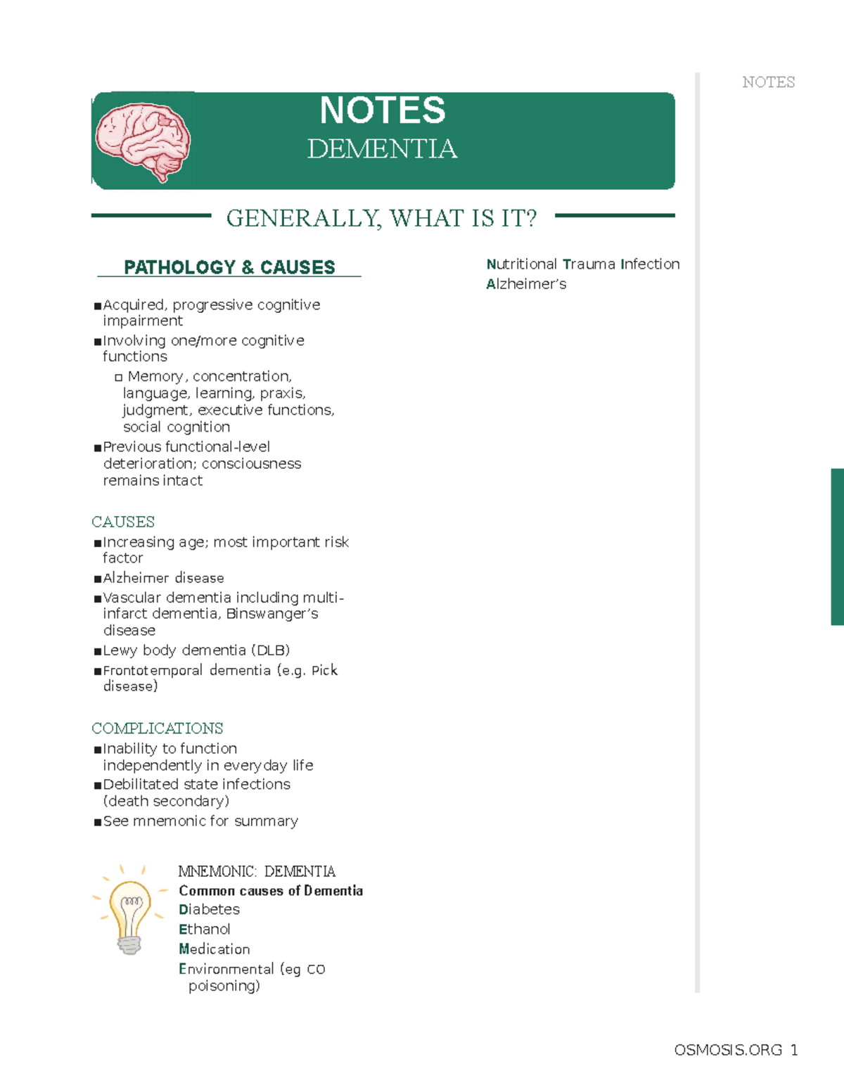 Dementia - ####### OSMOSIS 1 NOTES DEMENTIA NOTES GENERALLY, WHAT IS IT ...