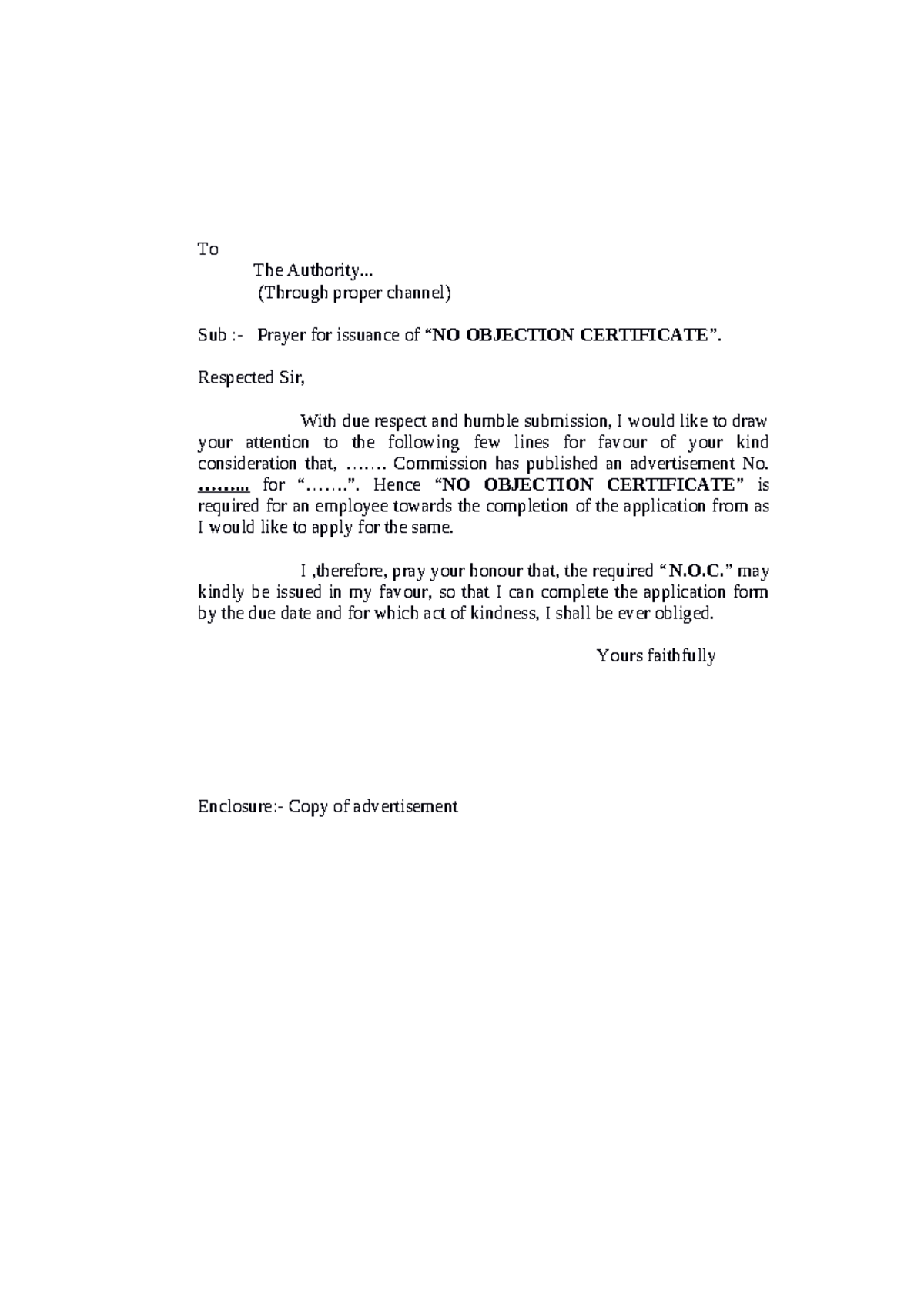 NOC Format 2ND - To The Authority... (Through proper channel) Sub ...