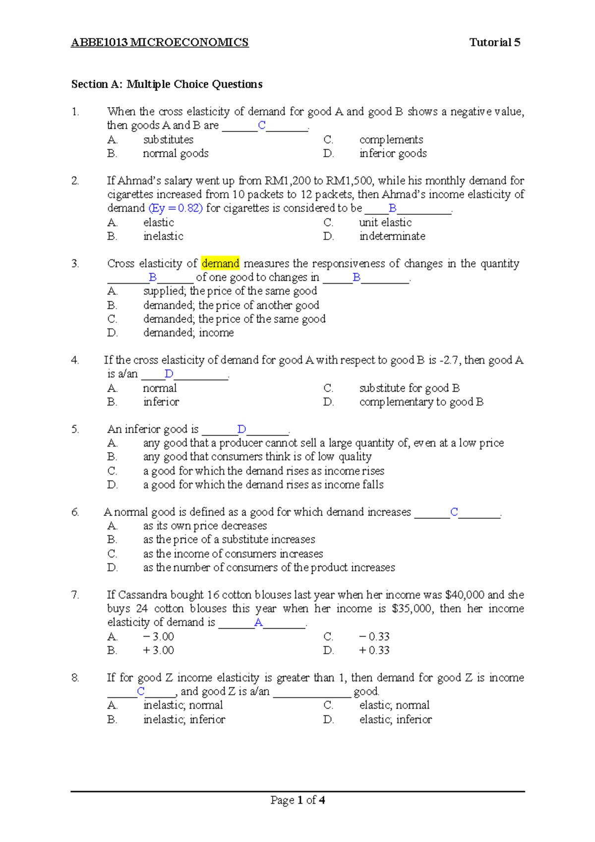 Tutorial 5 (ECON) - MICRO TTR 5 - Section A: Multiple Choice Questions ...