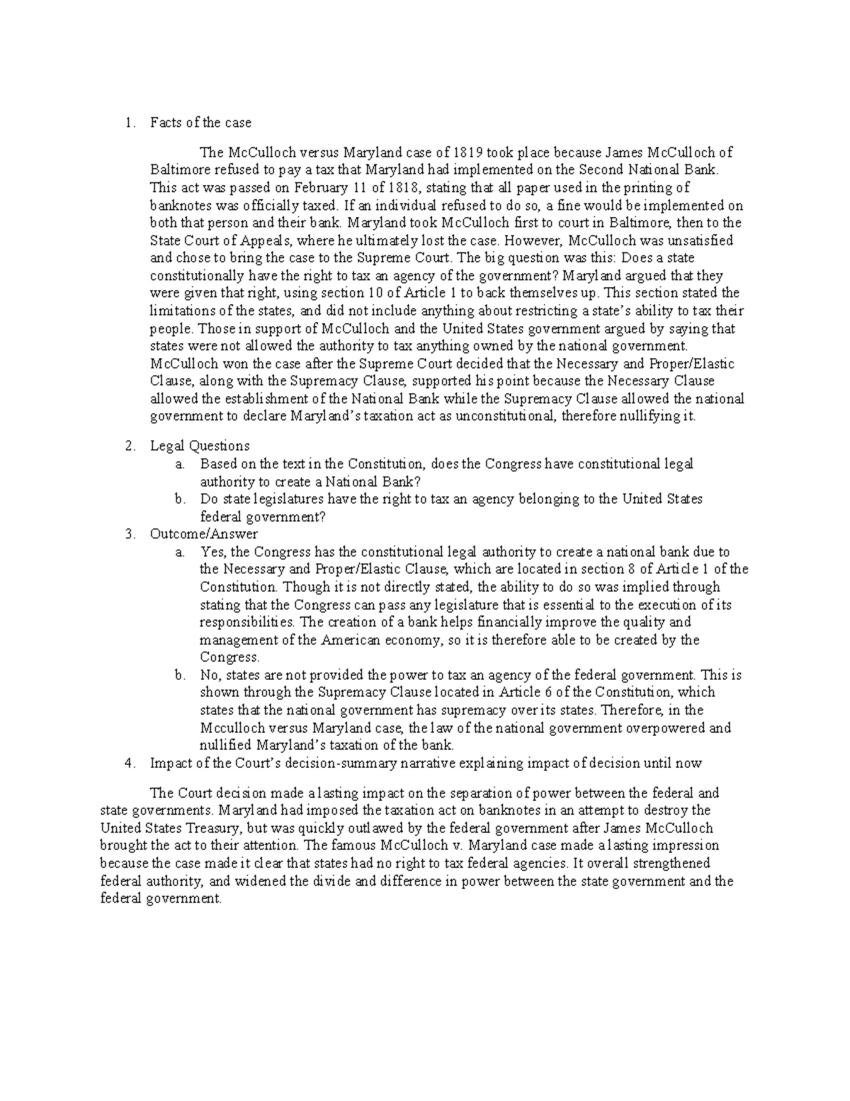 Mc Culloch v. Maryland - Facts of the case The McCulloch versus ...