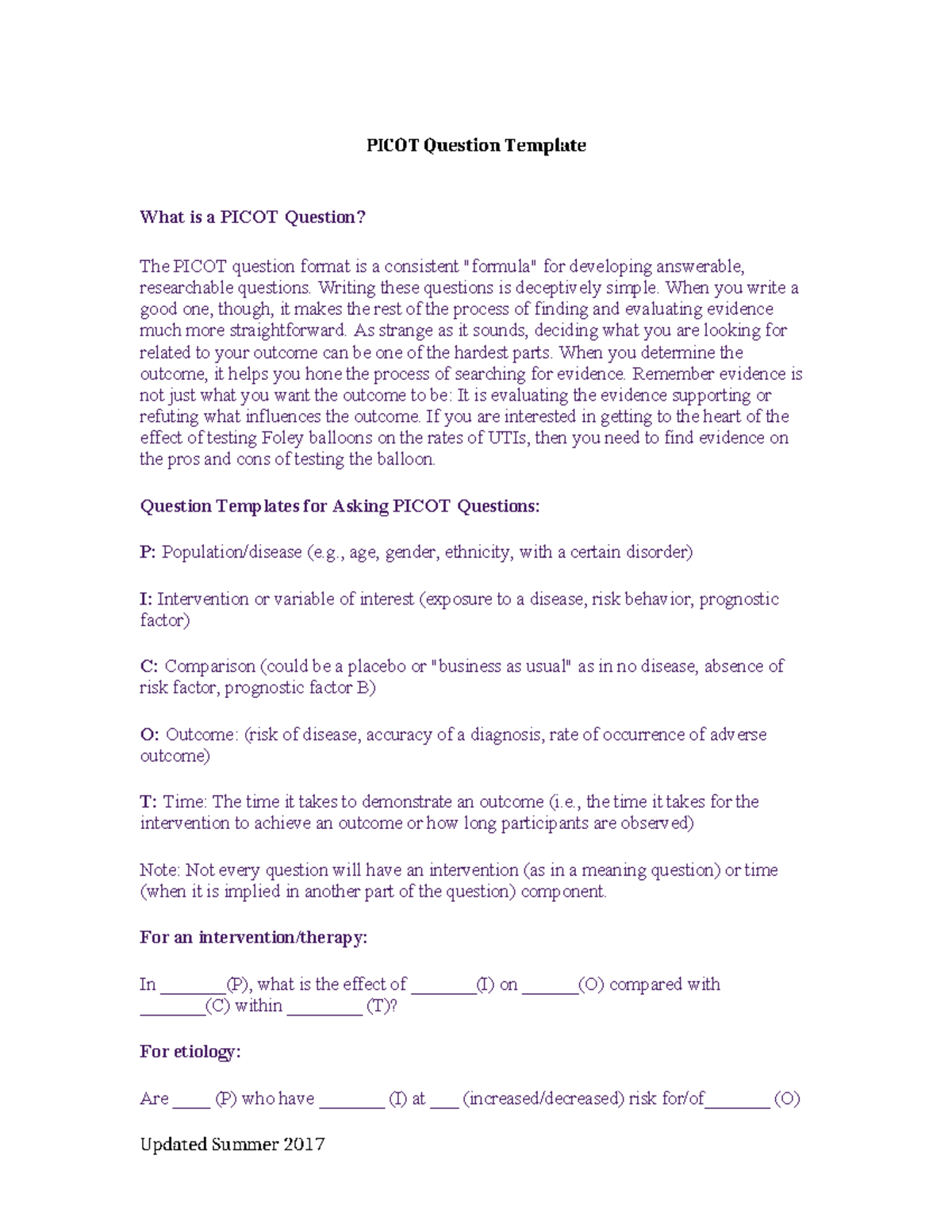 Picotquestion Template - PICOT Question Template What is a PICOT ...