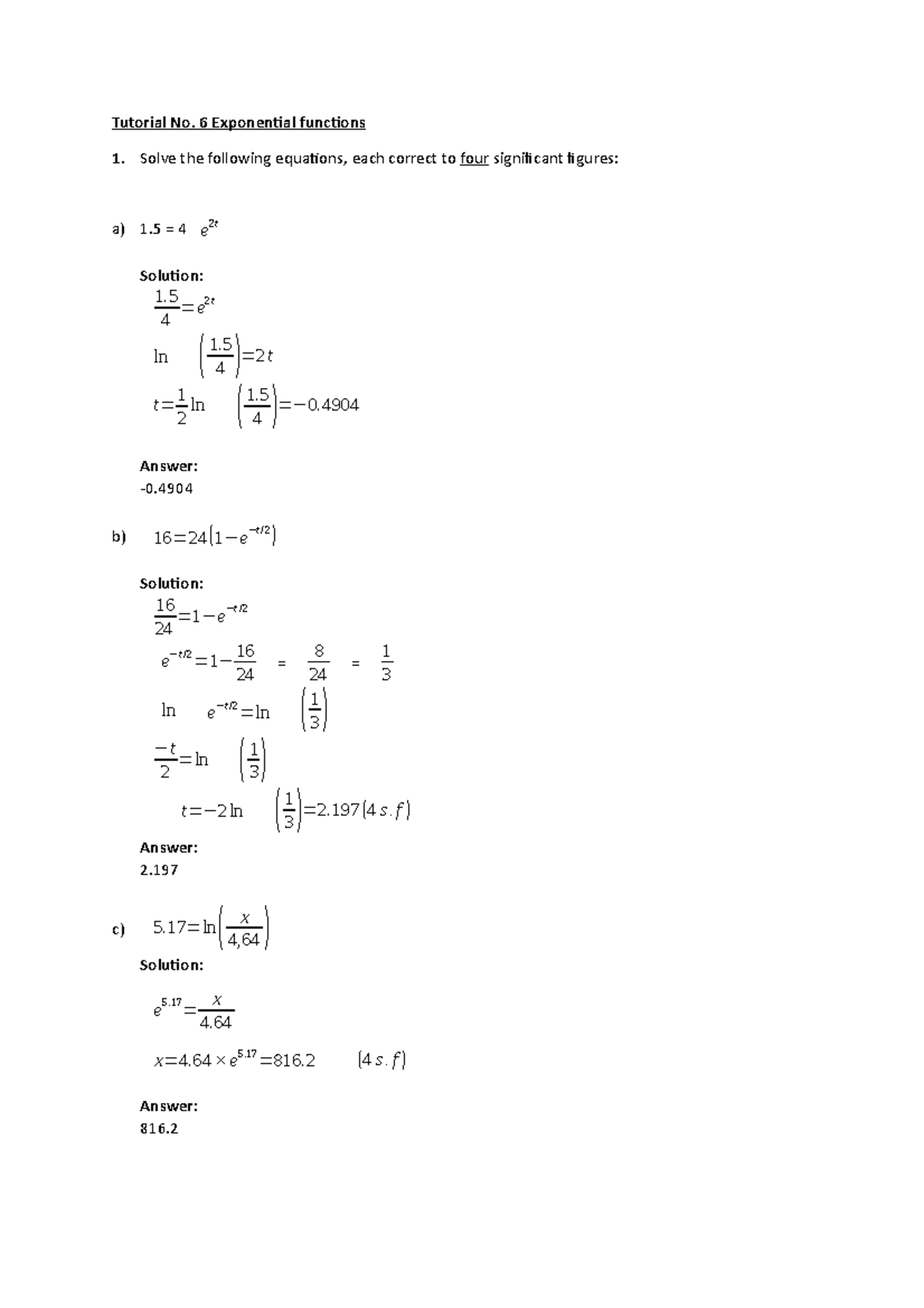 2018-2019 Tutorial No. 6 Exponential Functions - Tutorial No. 6 ...