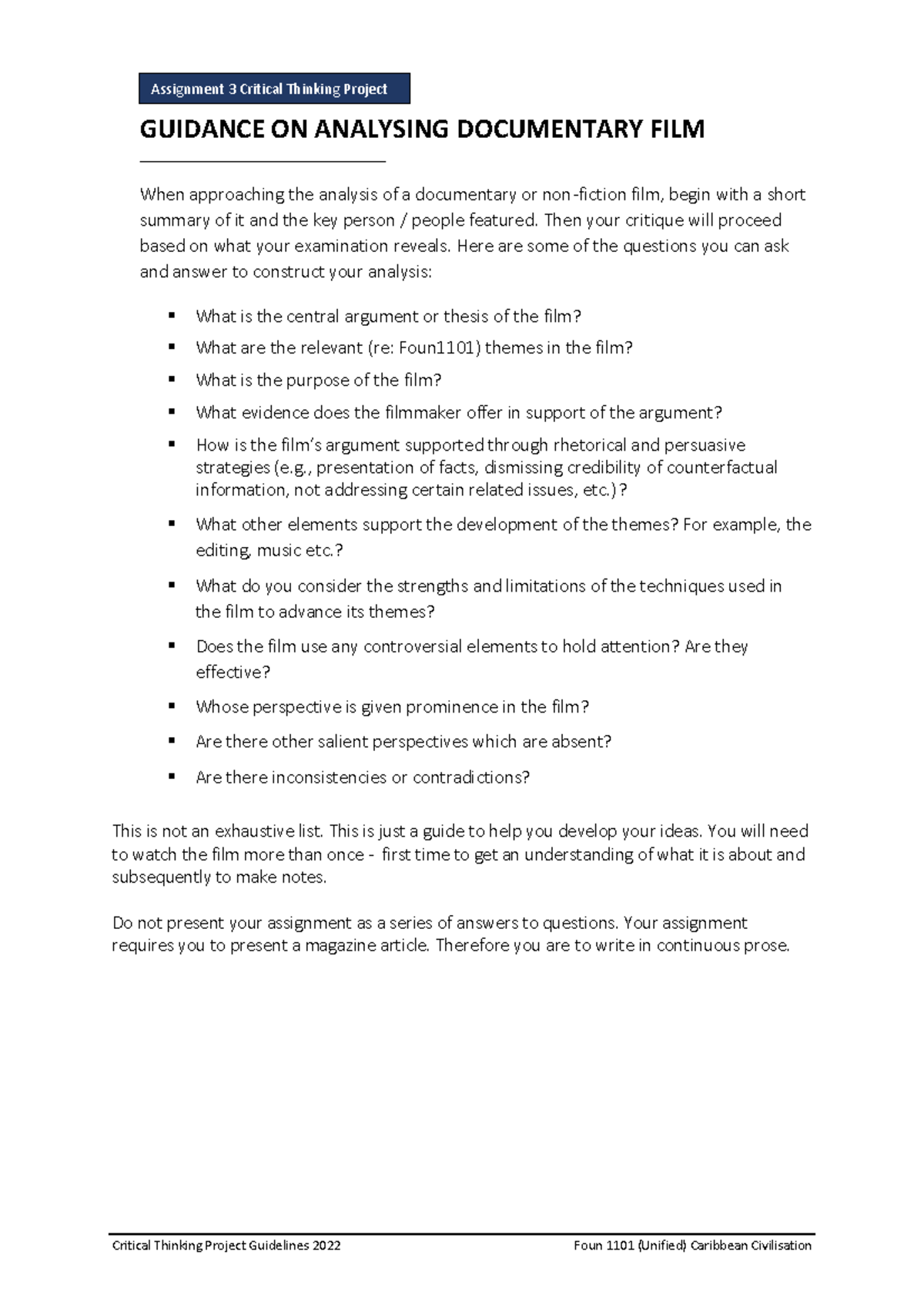 Documentary Film Analysis Guide - Critical Thinking Project Guidelines ...