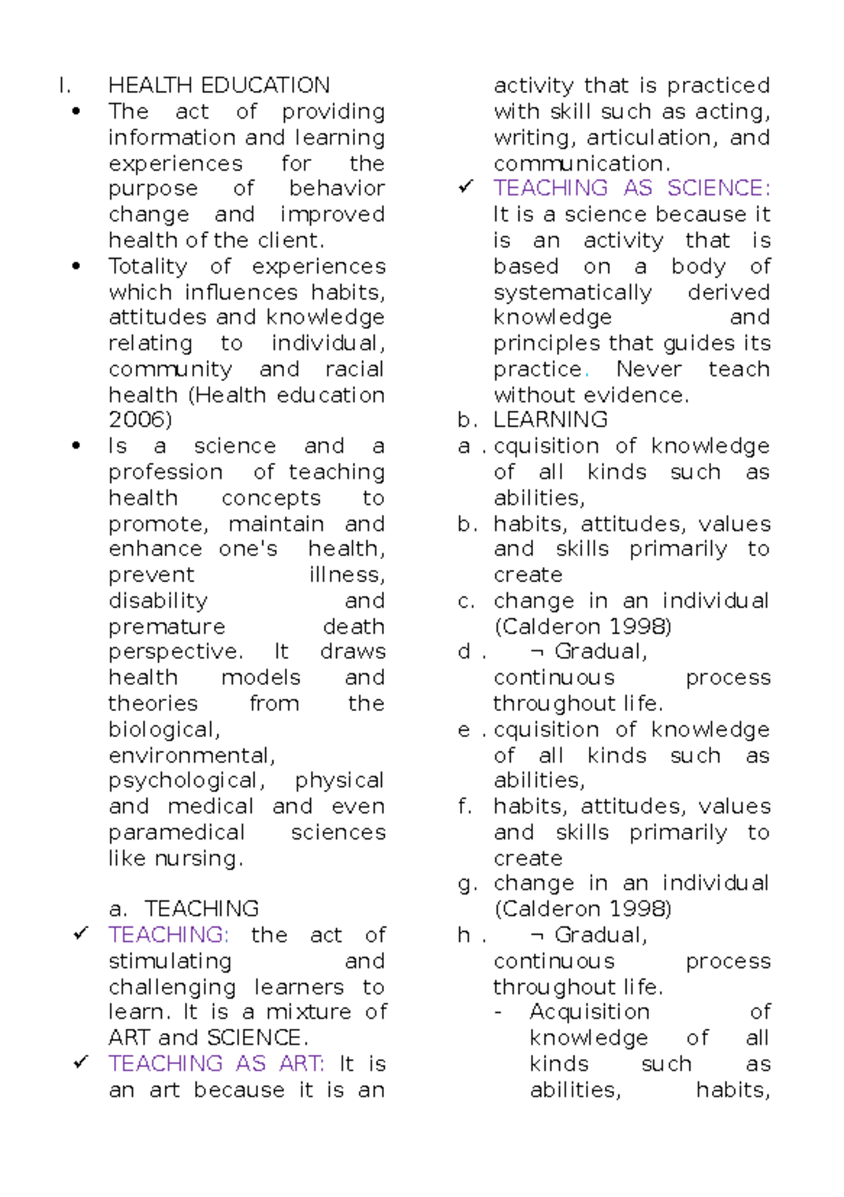 Act.1 HE - lecture transes - I. HEALTH EDUCATION The act of providing ...