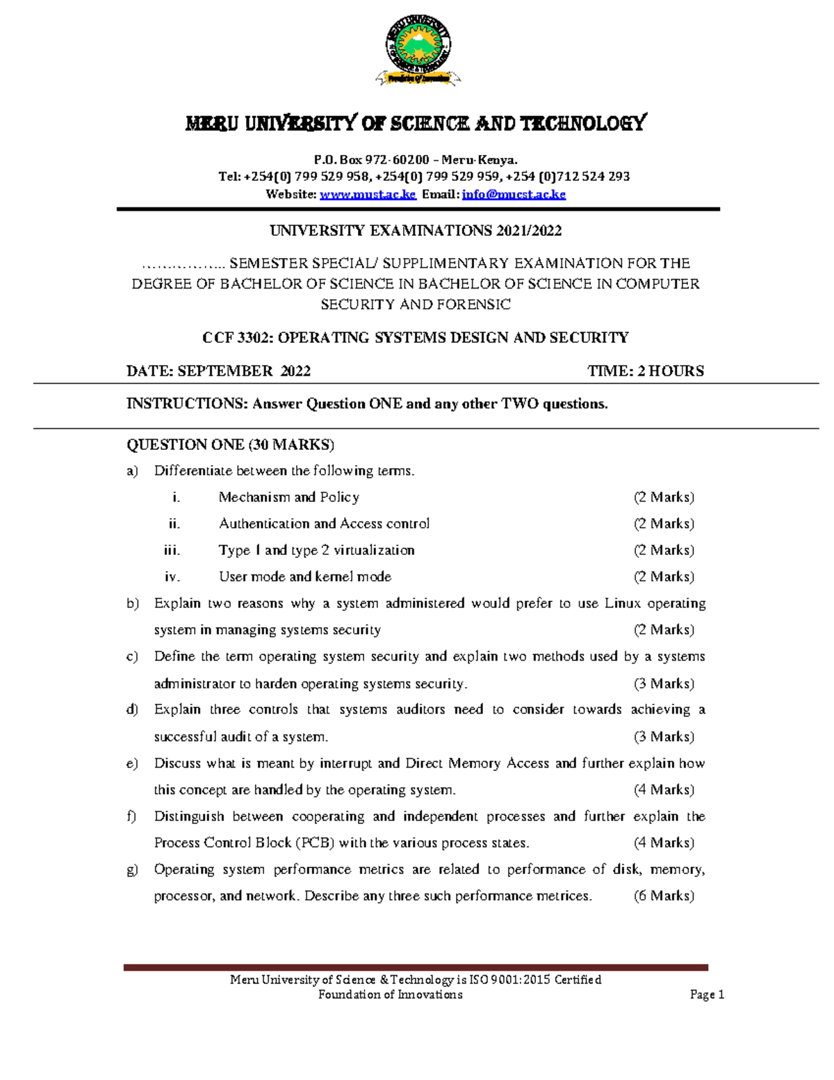 CCF 3302 Operating Systems Design AND Securit - Meru University of ...