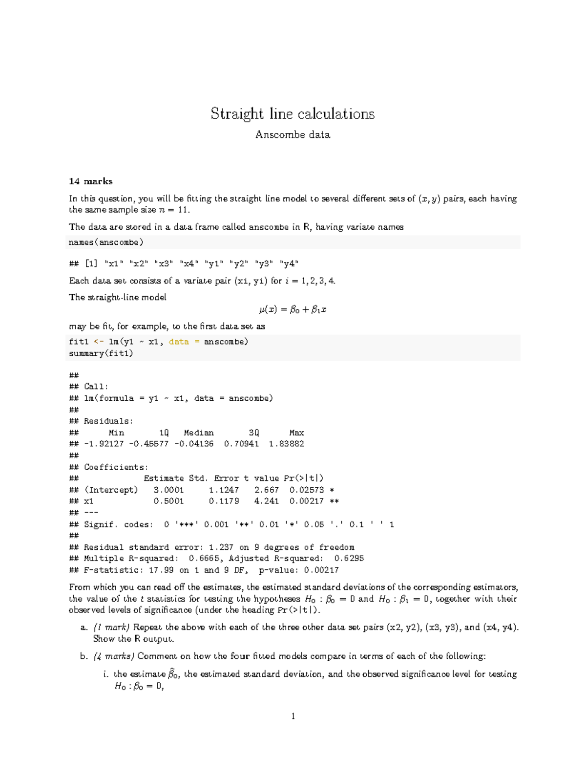 CHAPTER2 ASSIGNMENT - Straight line calculations Anscombe data 14 marks ...