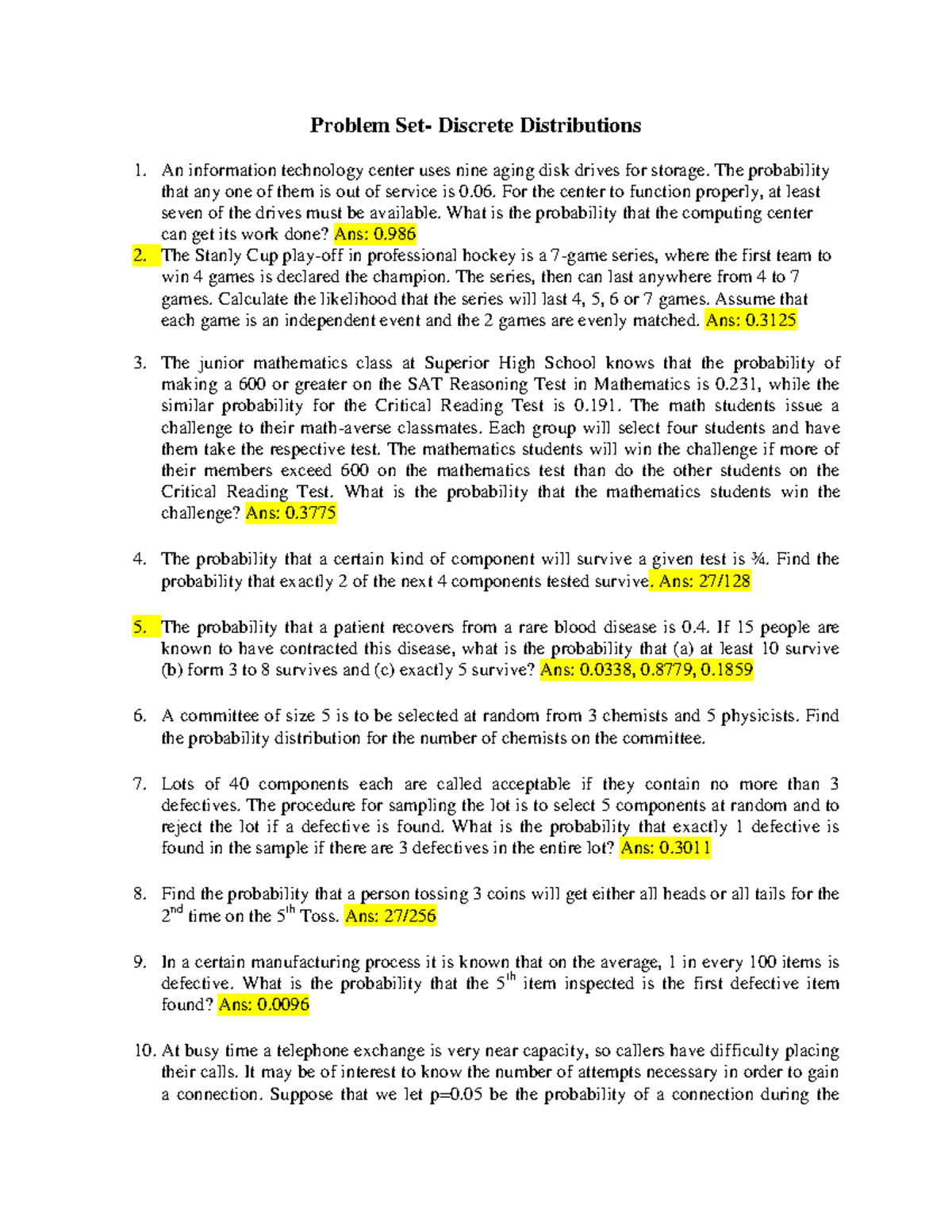 Discrete Distribution - Problem Set- Discrete Distributions An ...