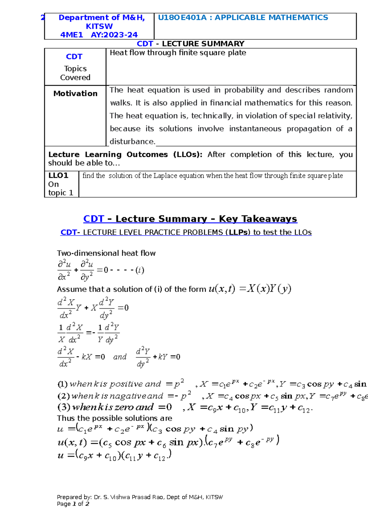 CDT9 Unit 1 heatflowthroughfinitesquareplate - 2 Department of M&H ...