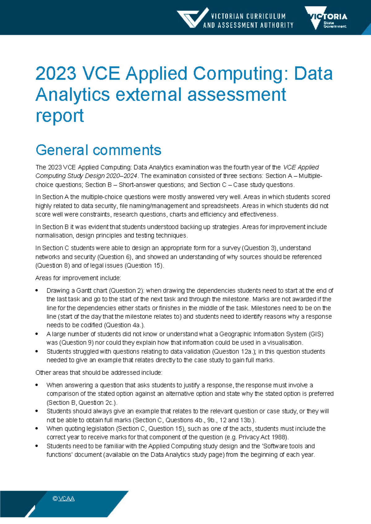 2023 AC data analytics report - 2023 VCE Applied Computing: Data Analytics external assessment ...