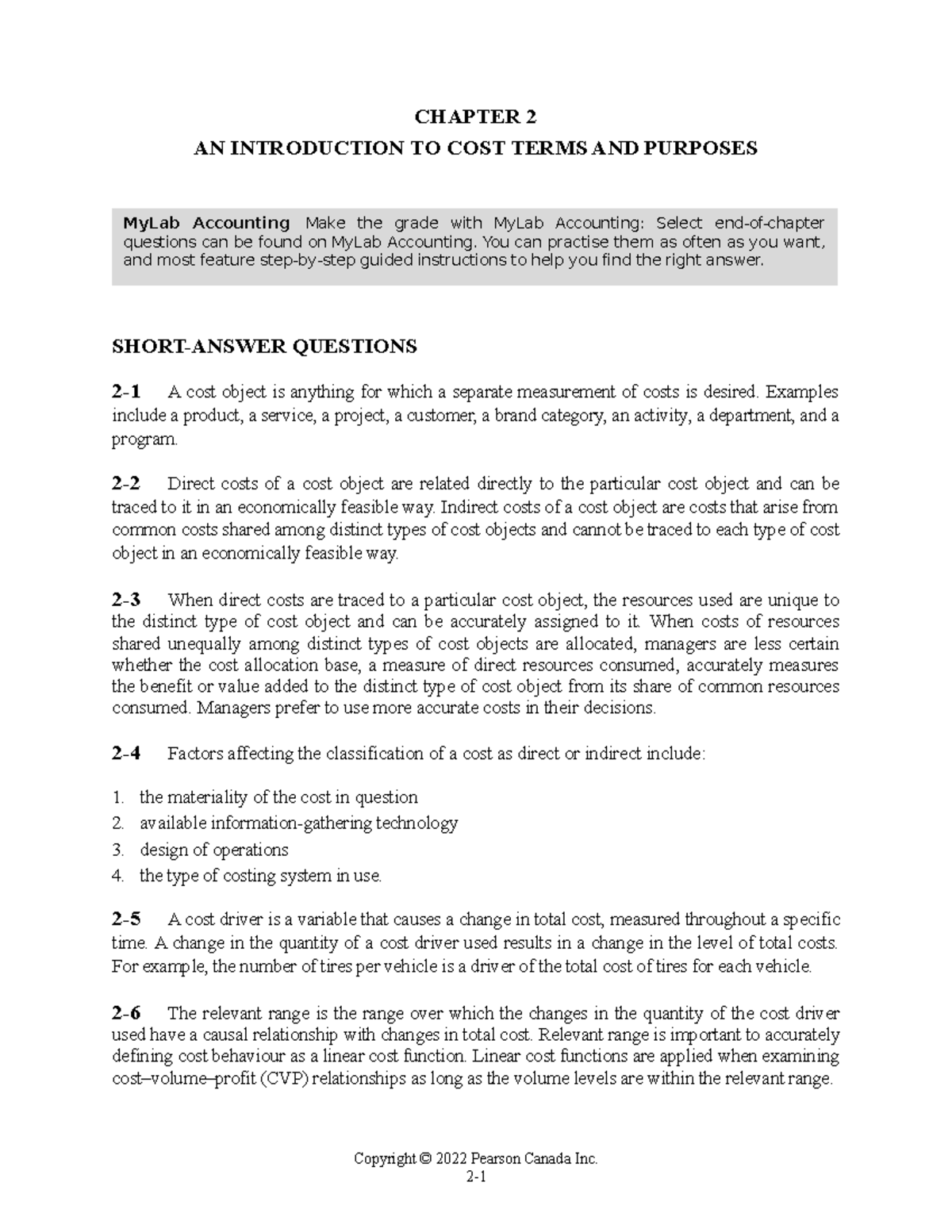 Ch2 Adv Cost Acttg Horngren 9th - CHAPTER 2 AN INTRODUCTION TO COST TERMS AND PURPOSES SHORT ...