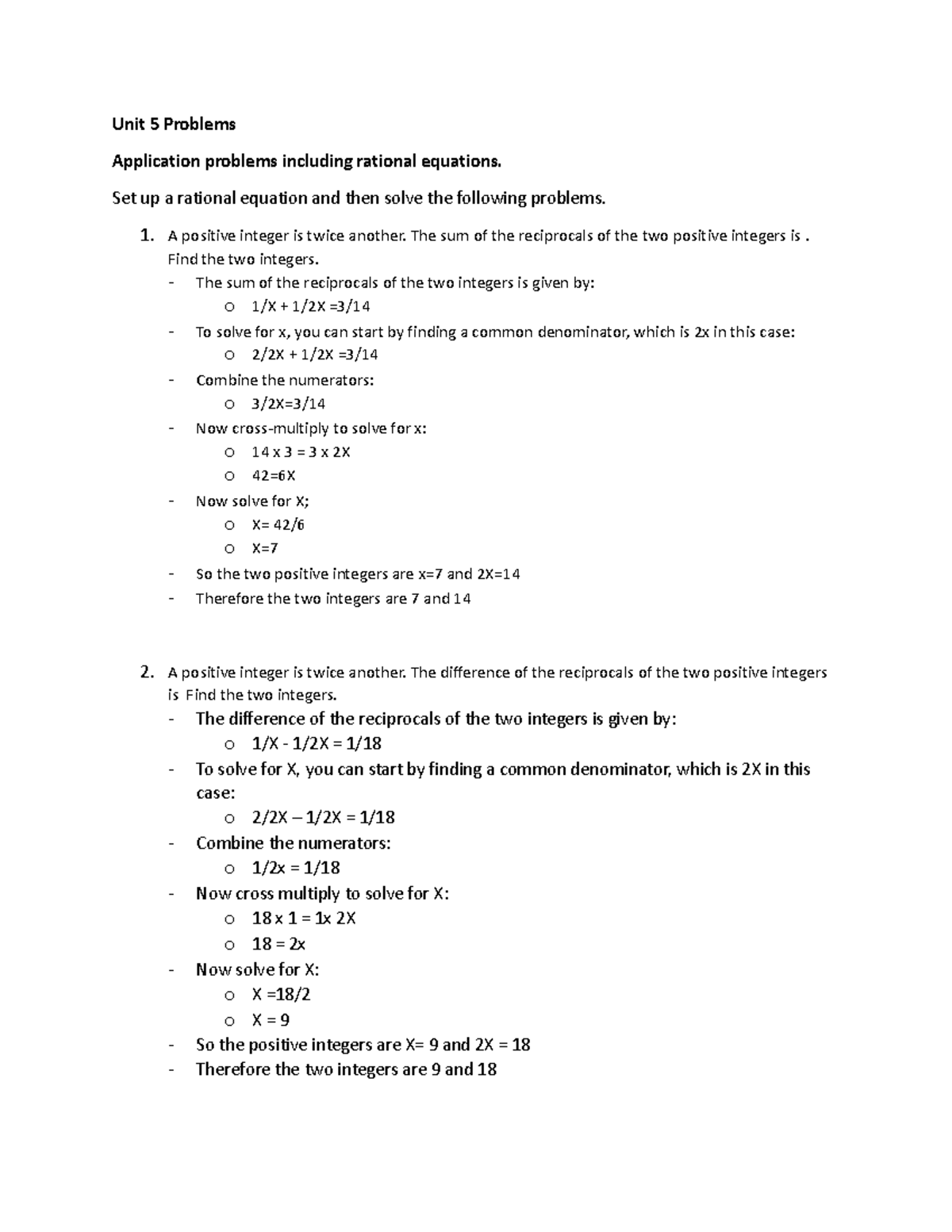 College algebra Unit # 5 - Unit 5 Problems Application problems including rational equations ...
