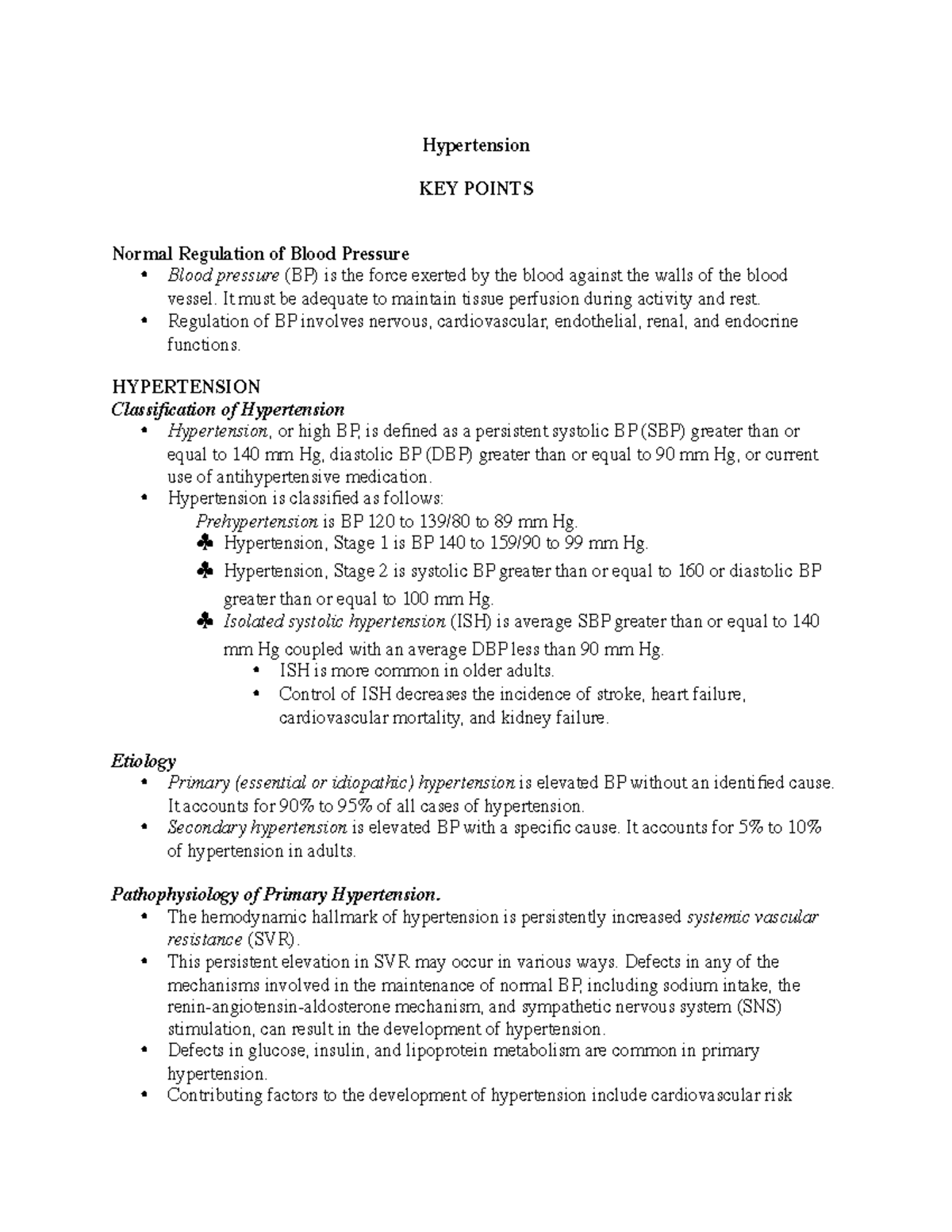 HTNKeypoints - Hypertension Notes - Hypertension KEY POINTS Normal ...
