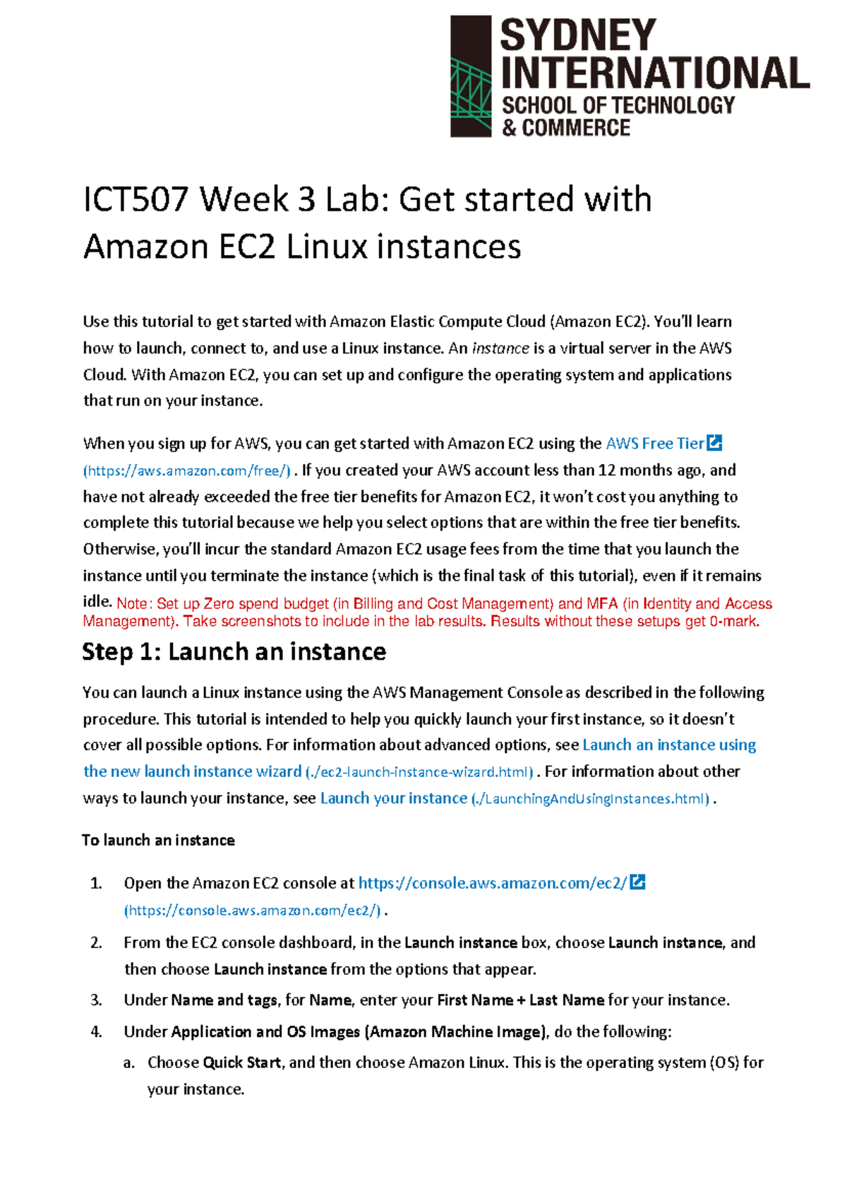 ICT507 Week 3 Lab 2 - 6 marks - ICT507 Week 3 Lab: Get started with Amazon EC2 Linux instances ...