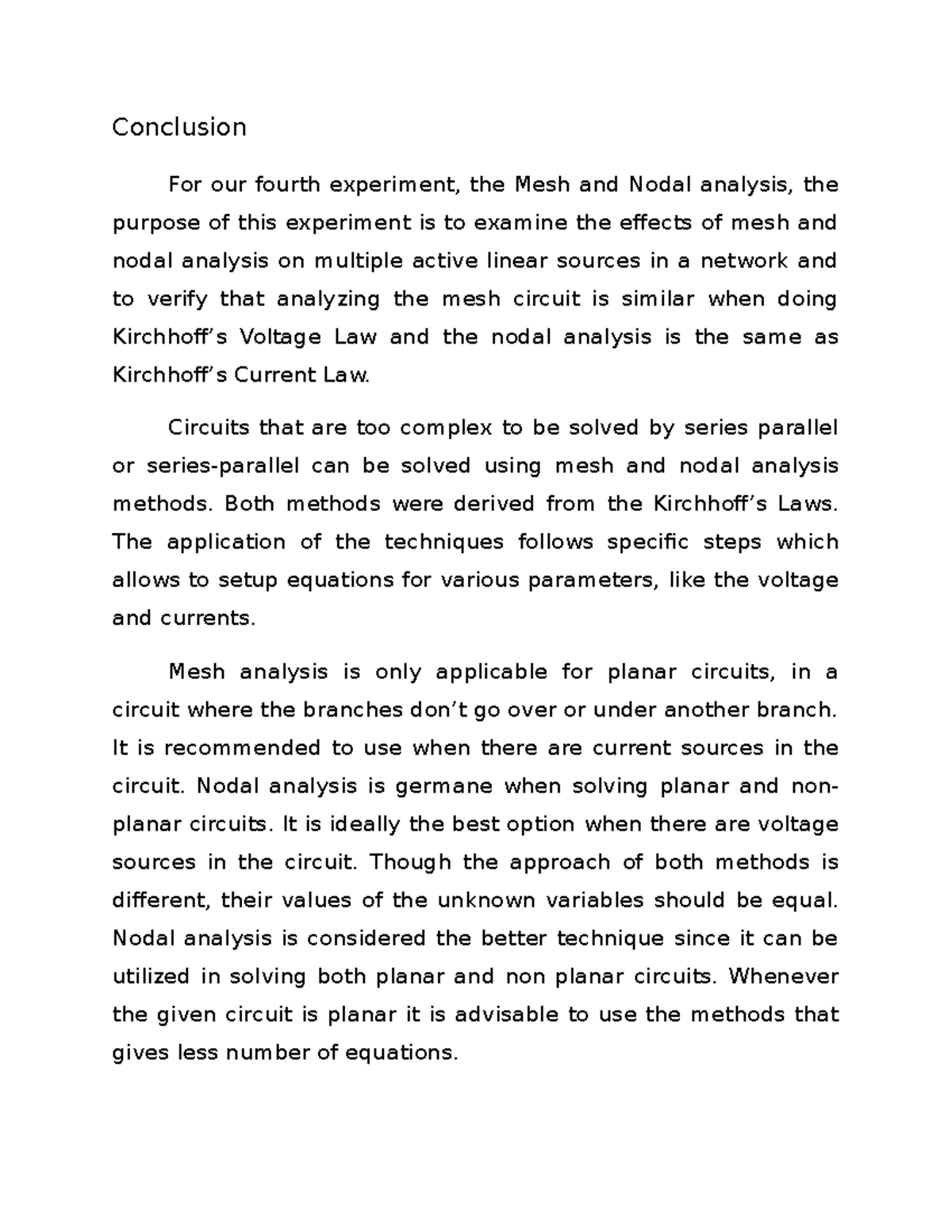 Nodal Analysis and Mesh analysis Questions and Answers - Conclusion For our fourth experiment ...