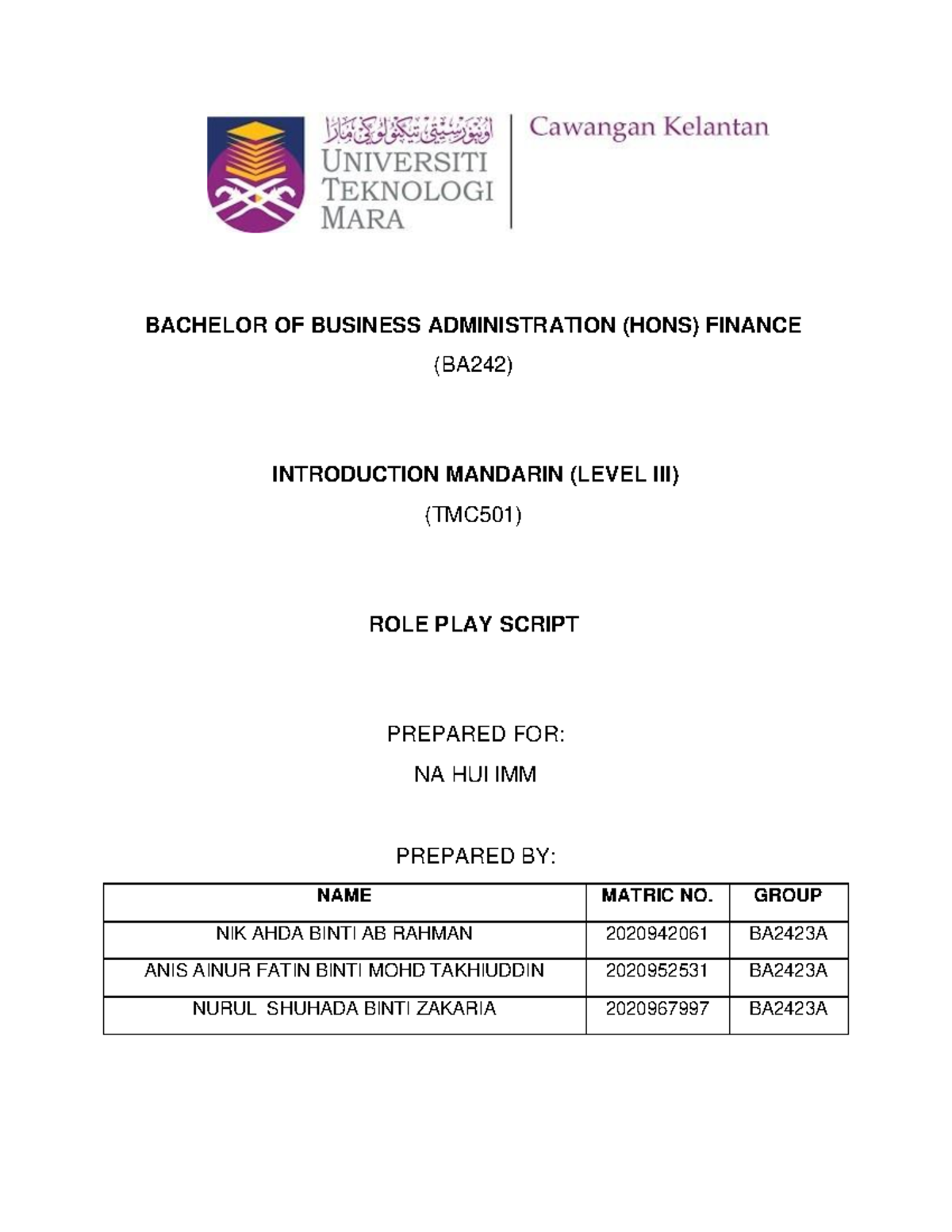 ROLE PLAY Script - BACHELOR OF BUSINESS ADMINISTRATION (HONS) FINANCE ...