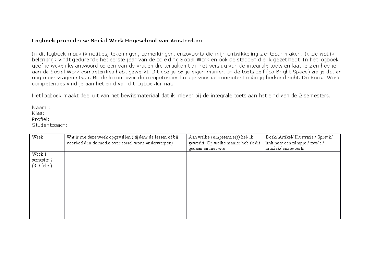 Logboek semester 2 - kdsbckjboil - Logboek propedeuse Social Work ...