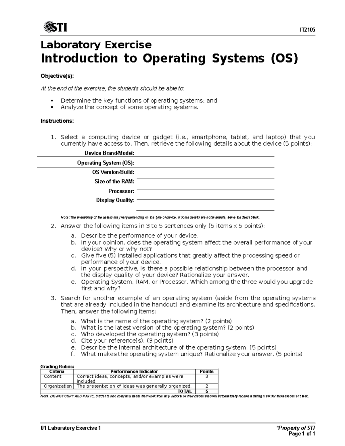 01 Laboratory Exercise 1(6) - IT Laboratory Exercise Introduction to ...