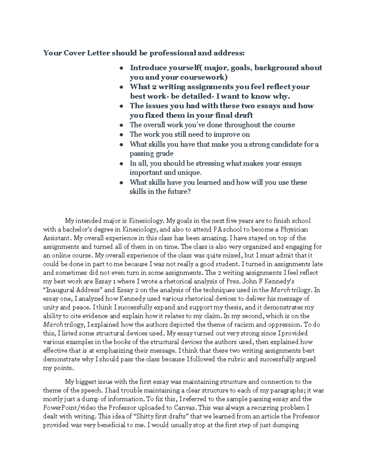 Cover Letter, Rough Draft due Nov 23 - Your Cover Letter should be ...