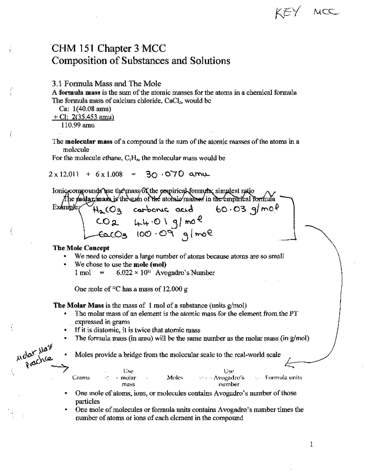 CHM 151 Ch3 notes OSX NEW key - KEY MCC CHM 151 Chapter 3 MCC ...