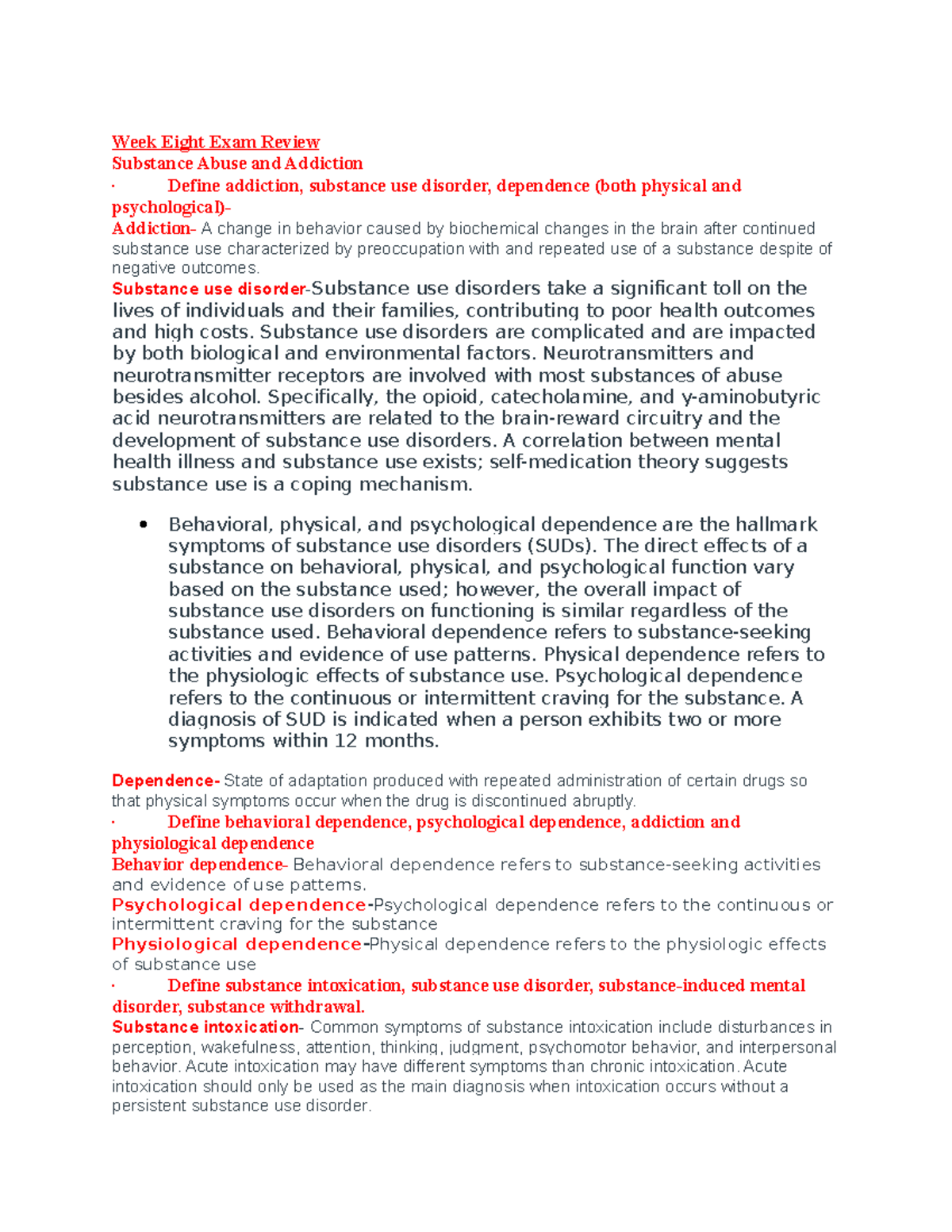 NR547 Week 8 Study Guide - Week Eight Exam Review Substance Abuse and ...