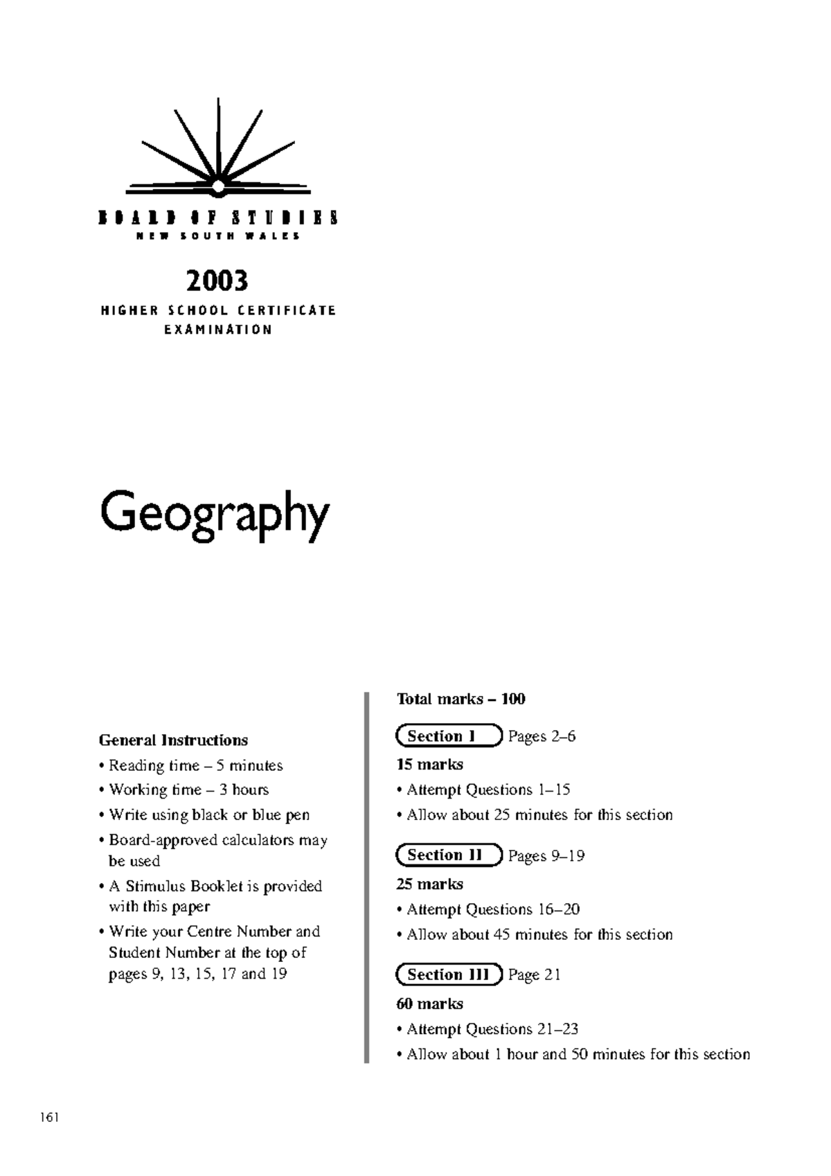 2003 HSC Geography Examination Paper - General Instructions Reading ...