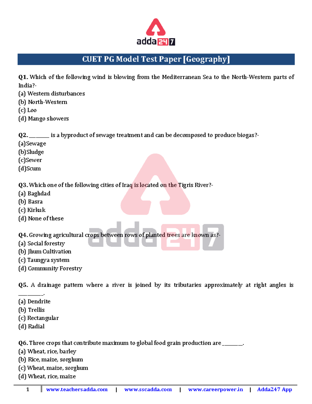 Formatted CUET PG Model Test Paper Geography - CUET PG Model Test Paper ...
