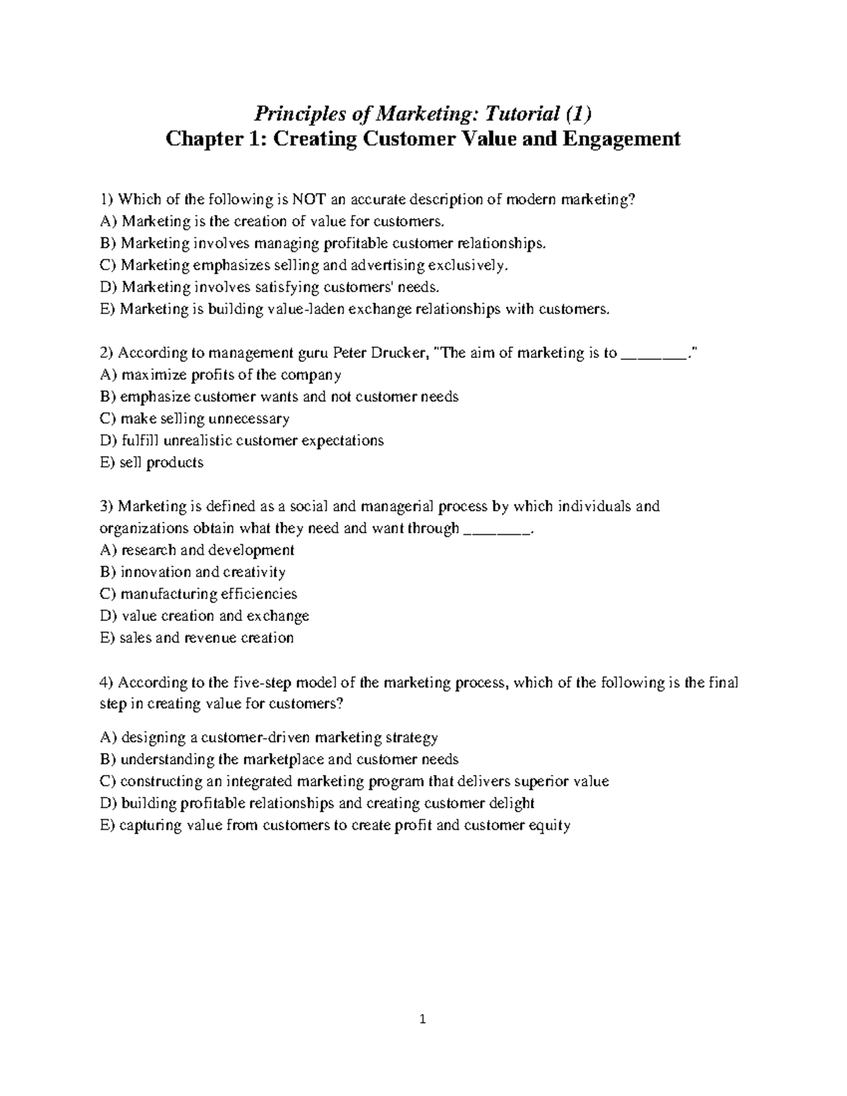 Section 1 - questions - Principles of Marketing: Tutorial (1) Chapter 1 ...