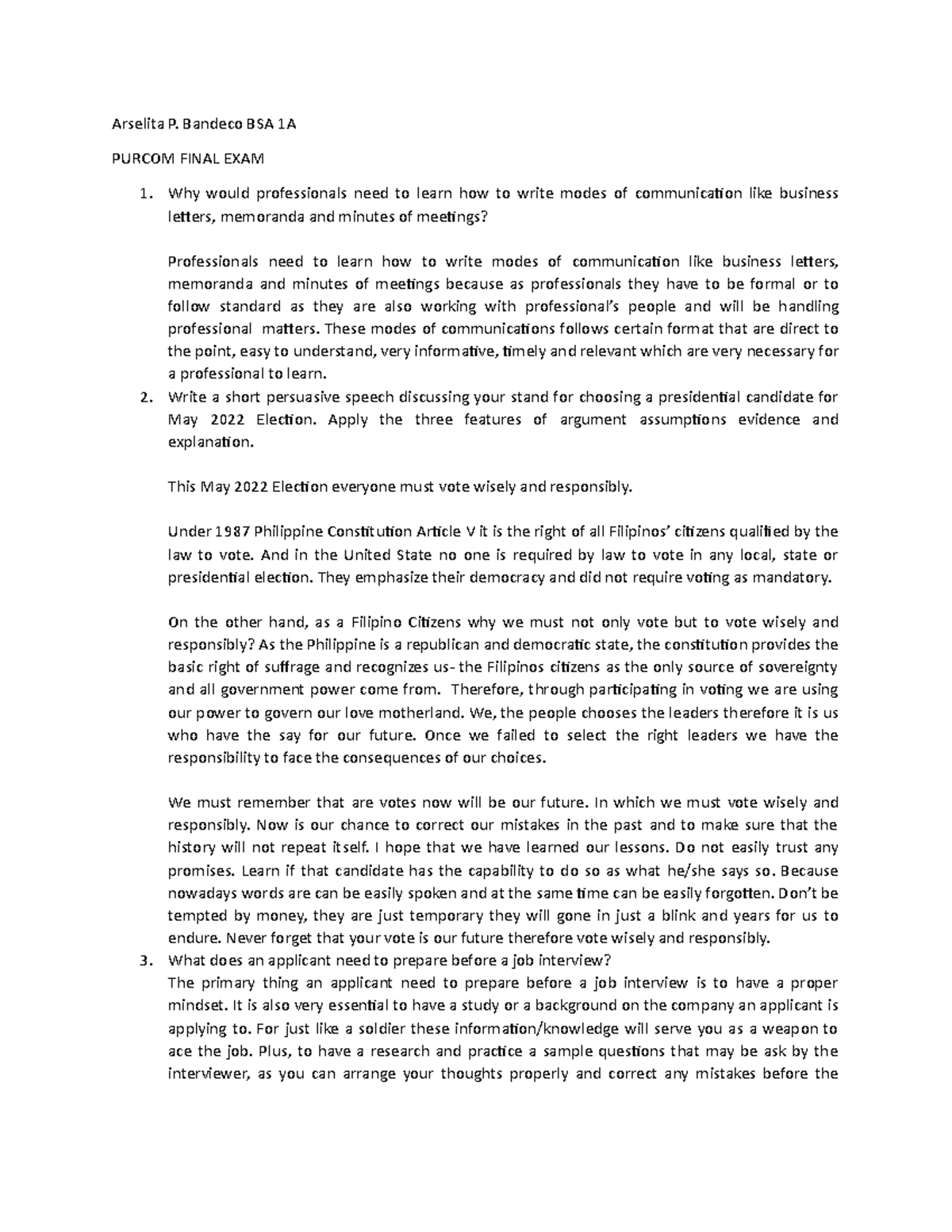 Purcom final exam - Arselita P. Bandeco BSA 1A PURCOM FINAL EXAM Why would professionals need to ...