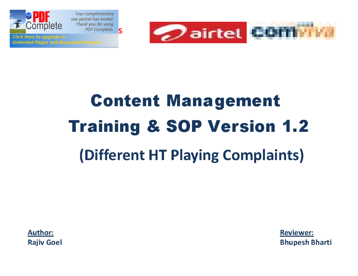 Crbt & sop - telecom - Content Management (Different HT Playing Complaints) Reviewer: Bhupesh ...